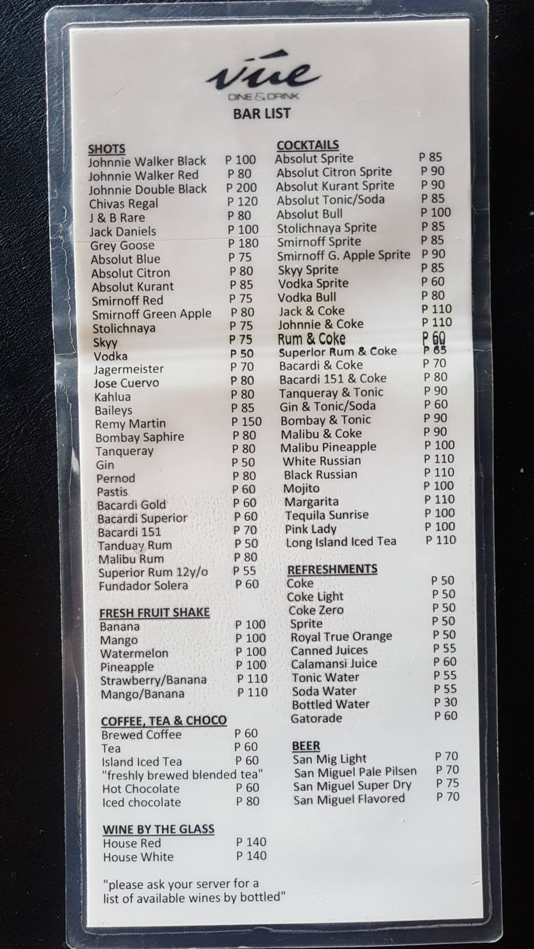 Menu at Vue Dine & Drink restaurant, Lapu-Lapu City, 8XHG+CQ8