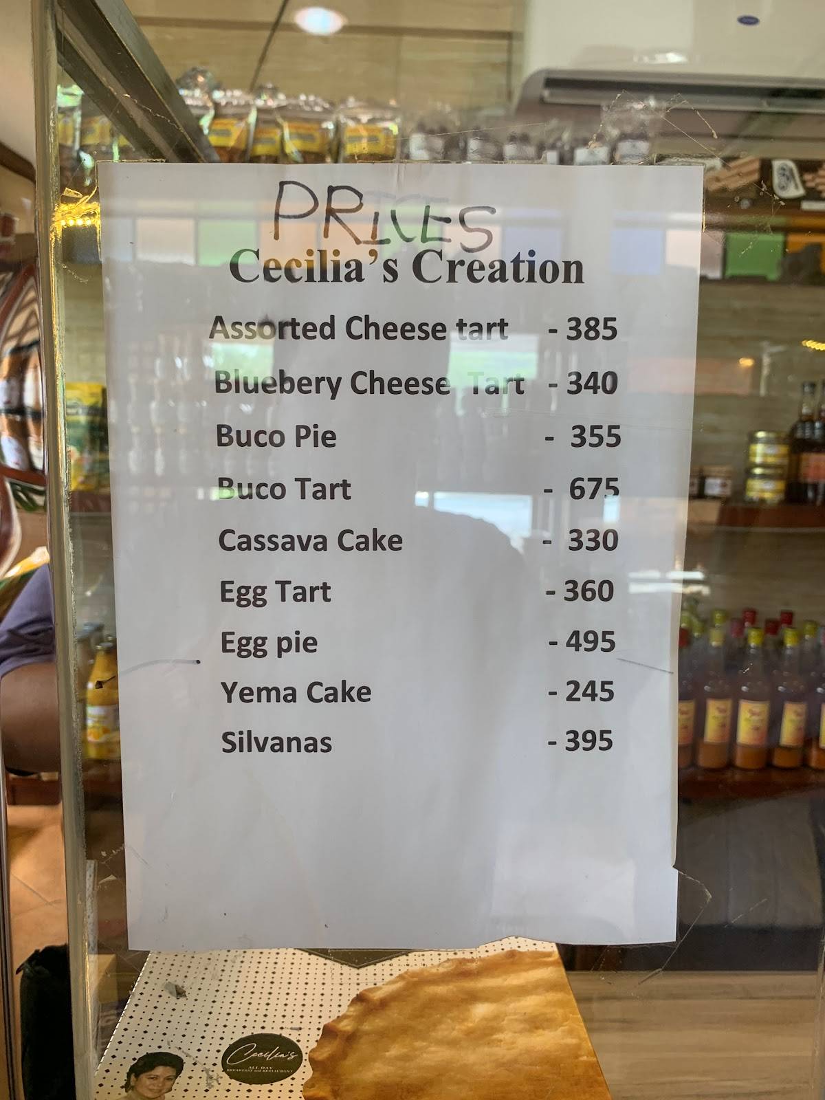 Menu at Cecilia's Buco Pie, Tarts and Pasalubong desserts, Tagaytay ...