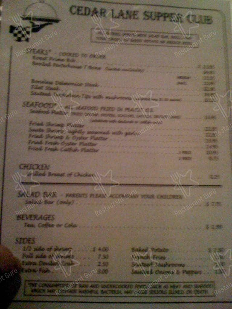 Menu at Cedar Lane Supper Club, McRae