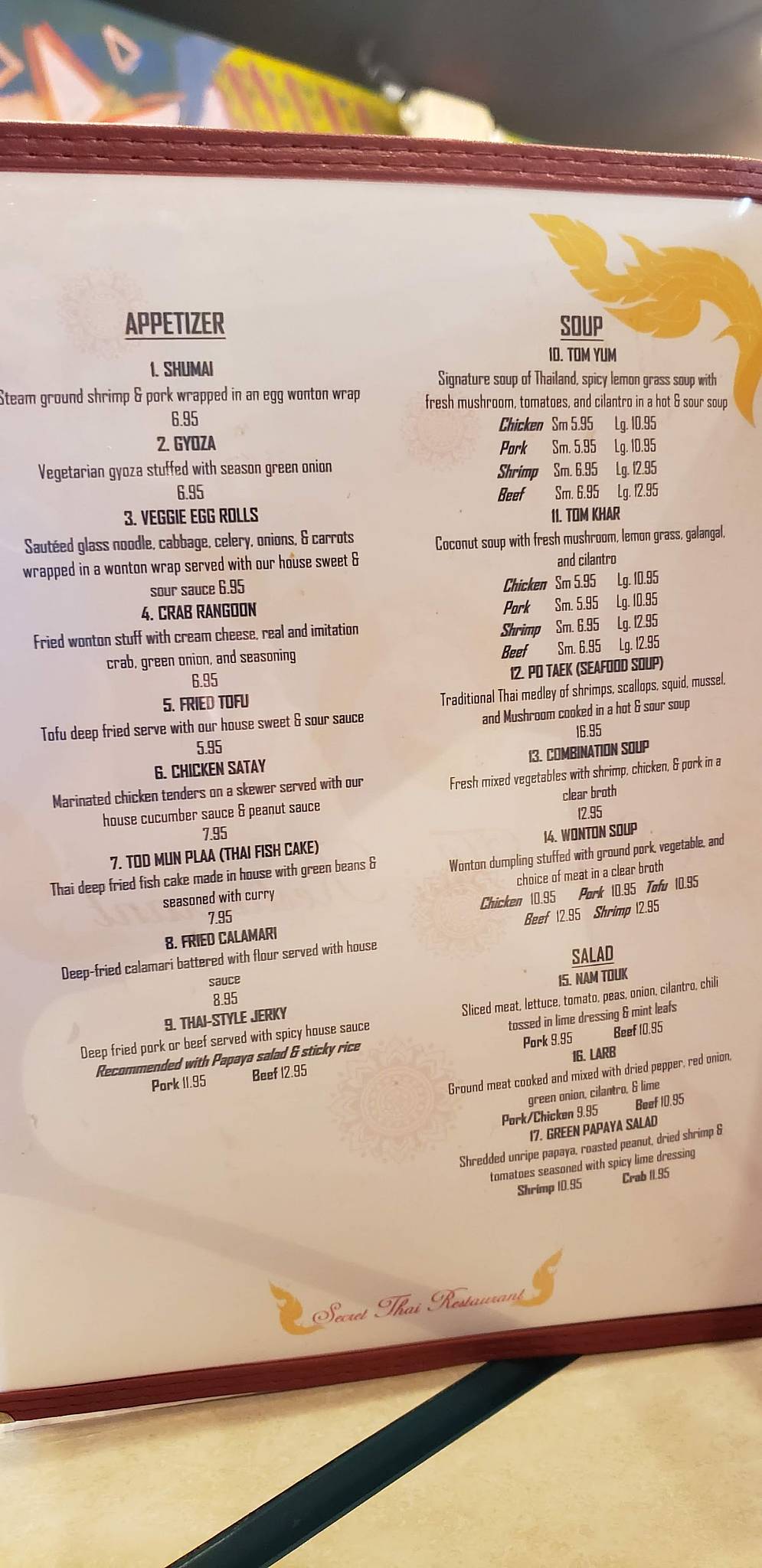 Menu at Secret Thai Restaurant, Chalmette