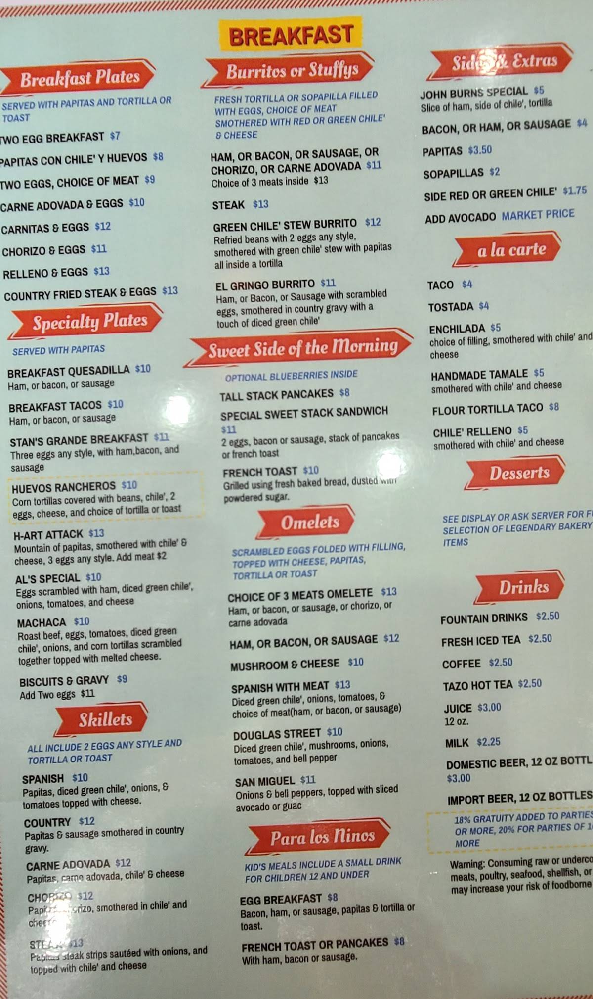 Menu at Charlie's Spic & Span Bakery & Café, Las Vegas