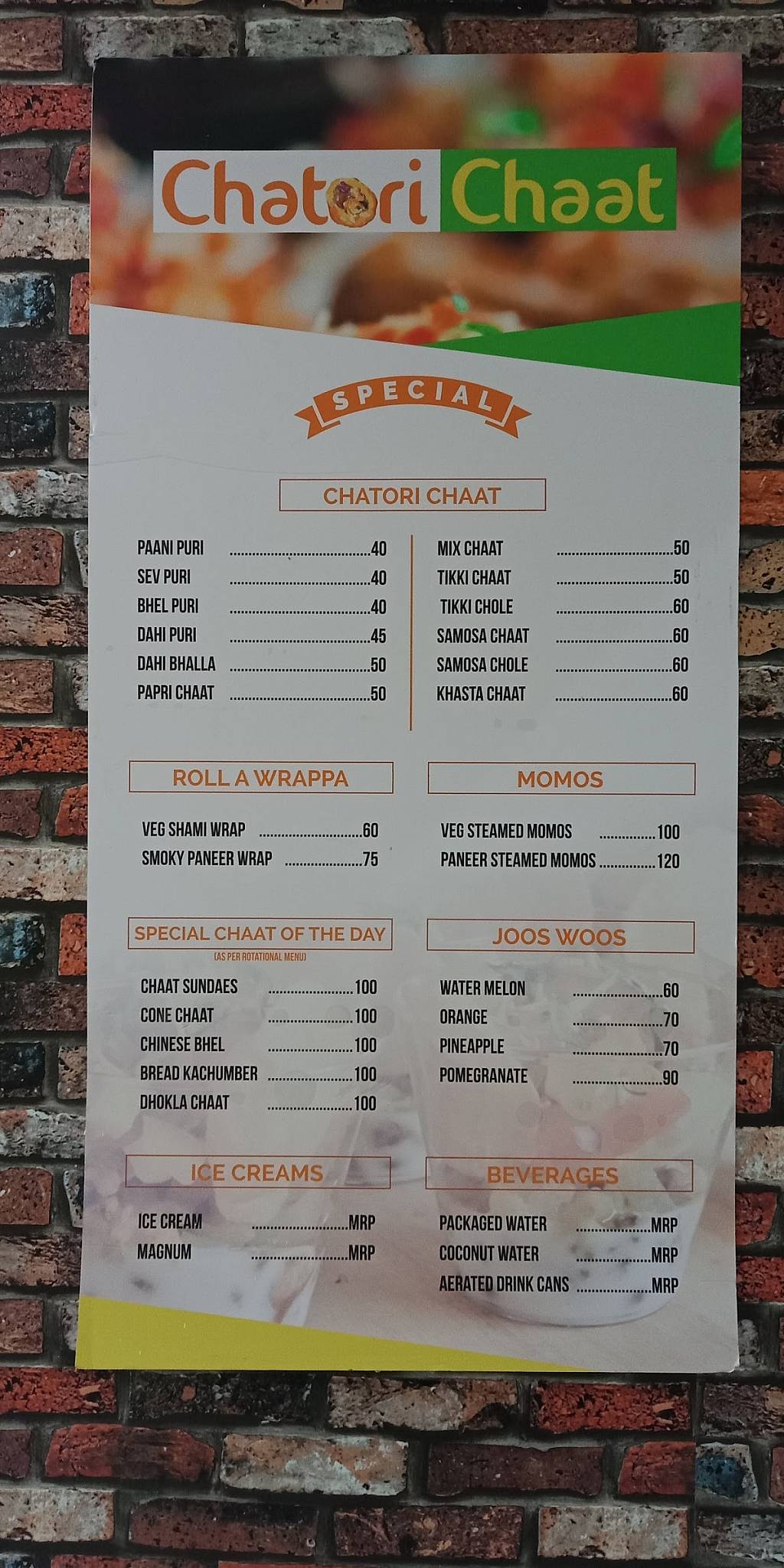 Menu at Chatori Chat, Mumbai, Kokilaben Dhirubhai Ambani Hospital