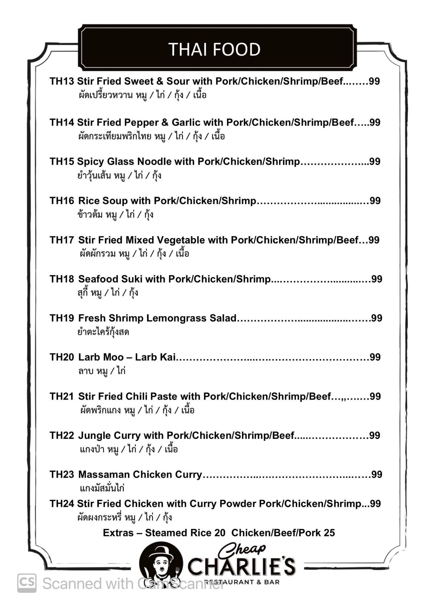Menu at Cheap Charlie's restaurant, Pattaya City