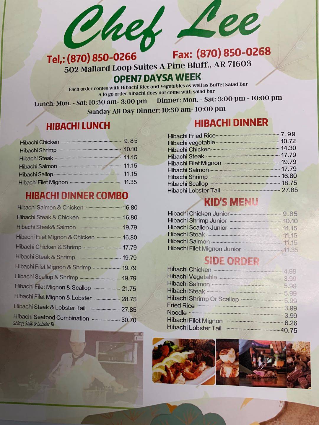 Menu at Chef Lee restaurant, Pine Bluff, 502 Mallard Loop