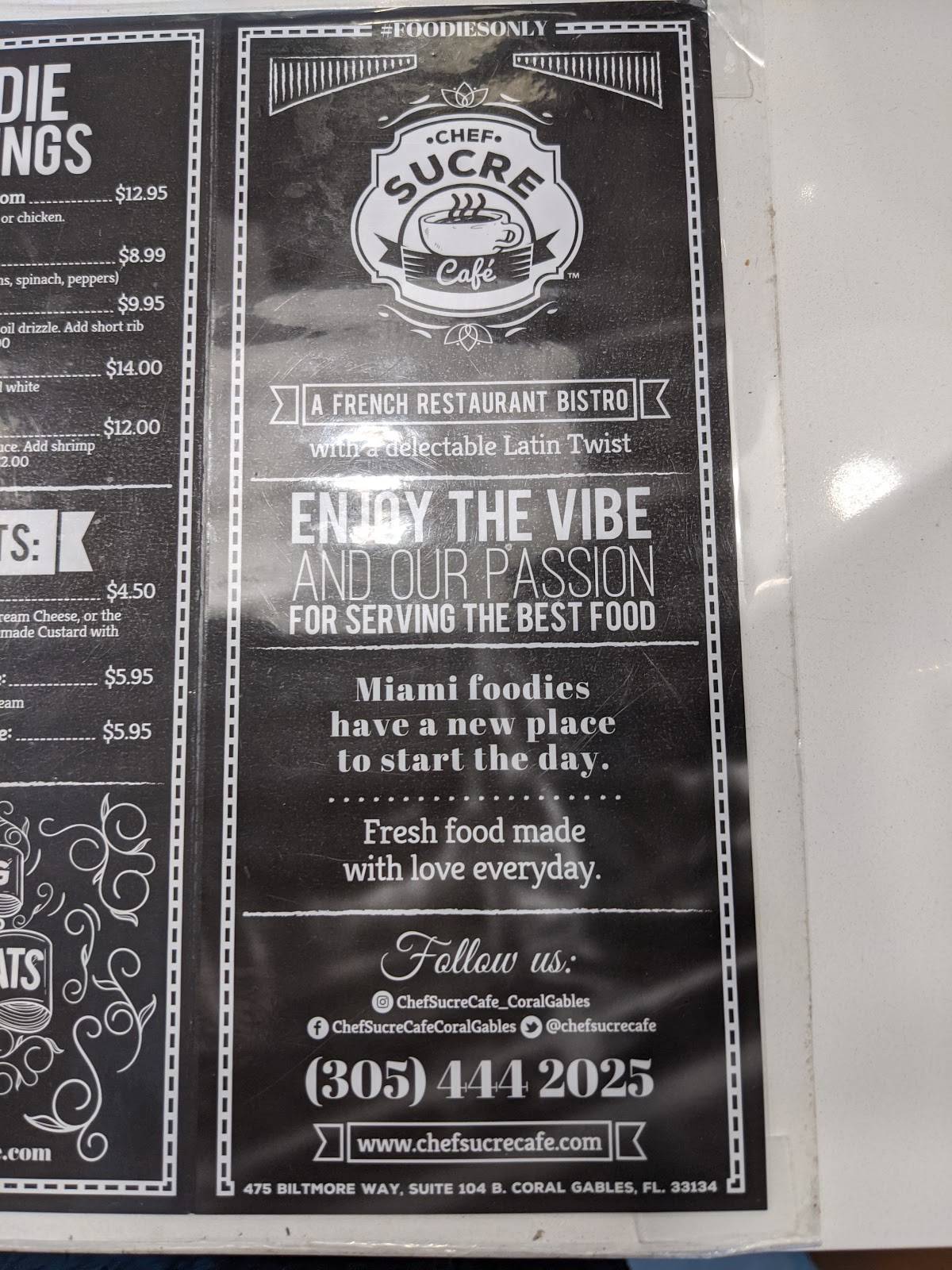 Menu at Chef Sucre Café cafe, Coral Gables