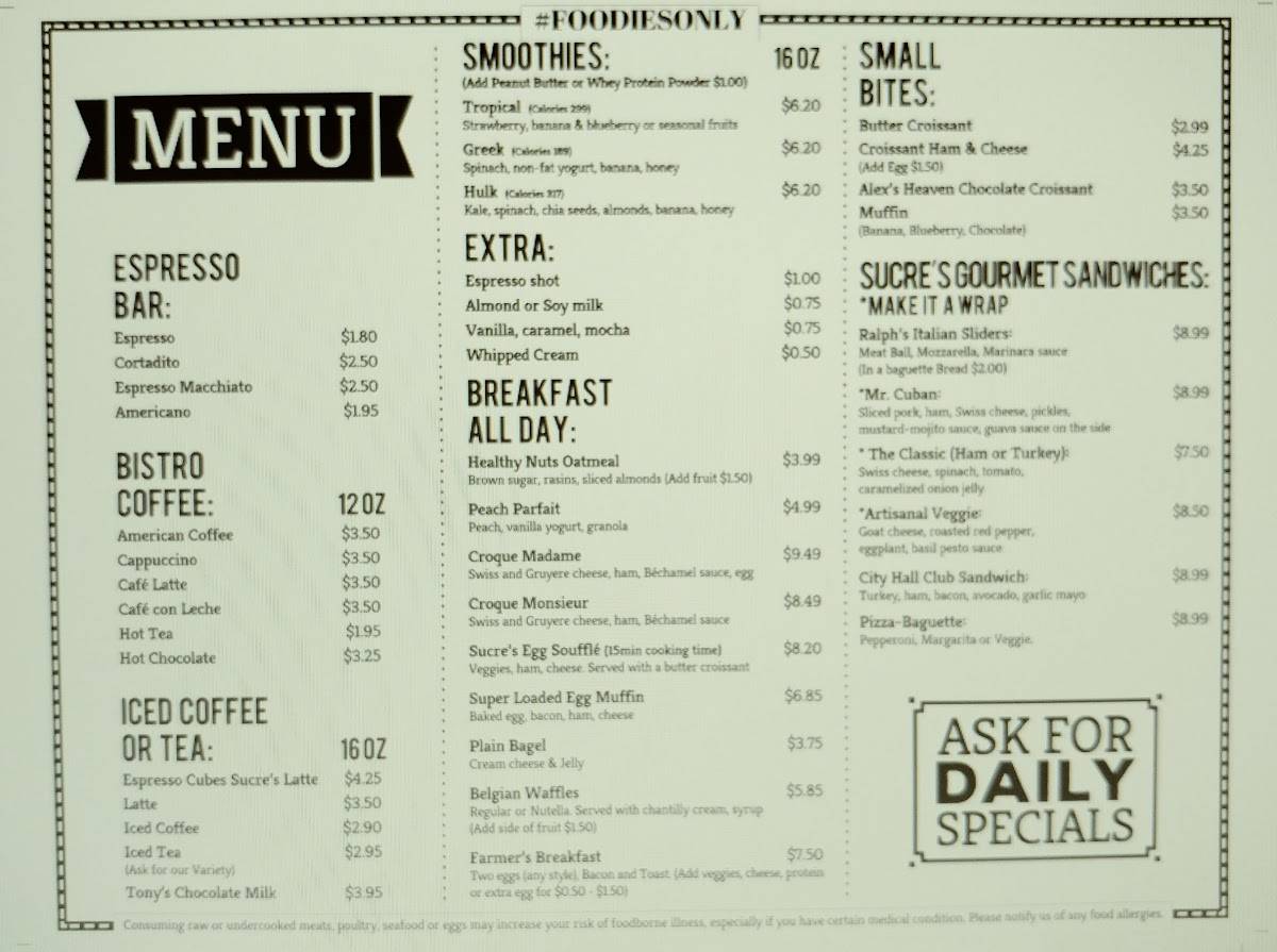 Menu at Chef Sucre Café cafe, Coral Gables