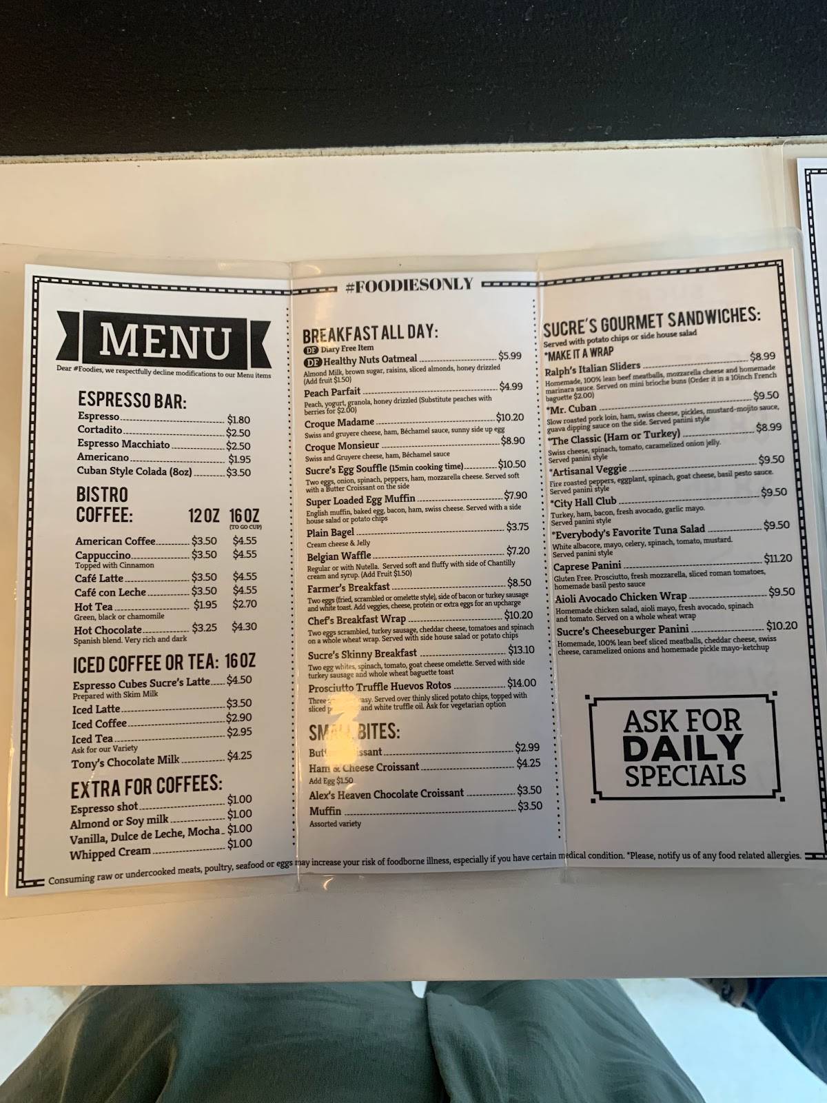 Menu at Chef Sucre Café cafe, Coral Gables