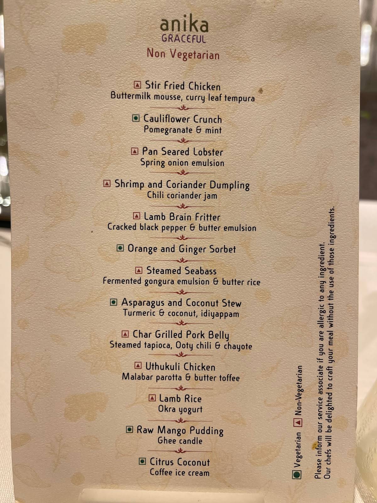 Menu at Avartana, Chennai