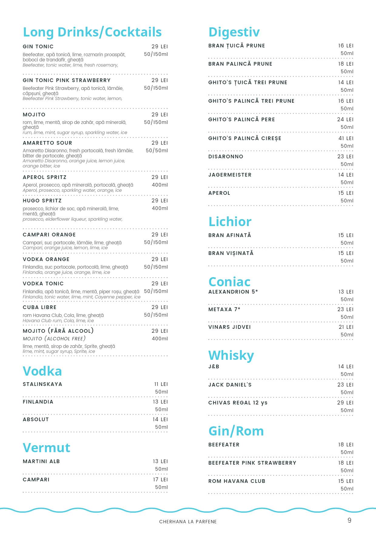 Menu at Cherhana La Parfene, Tâncăbești