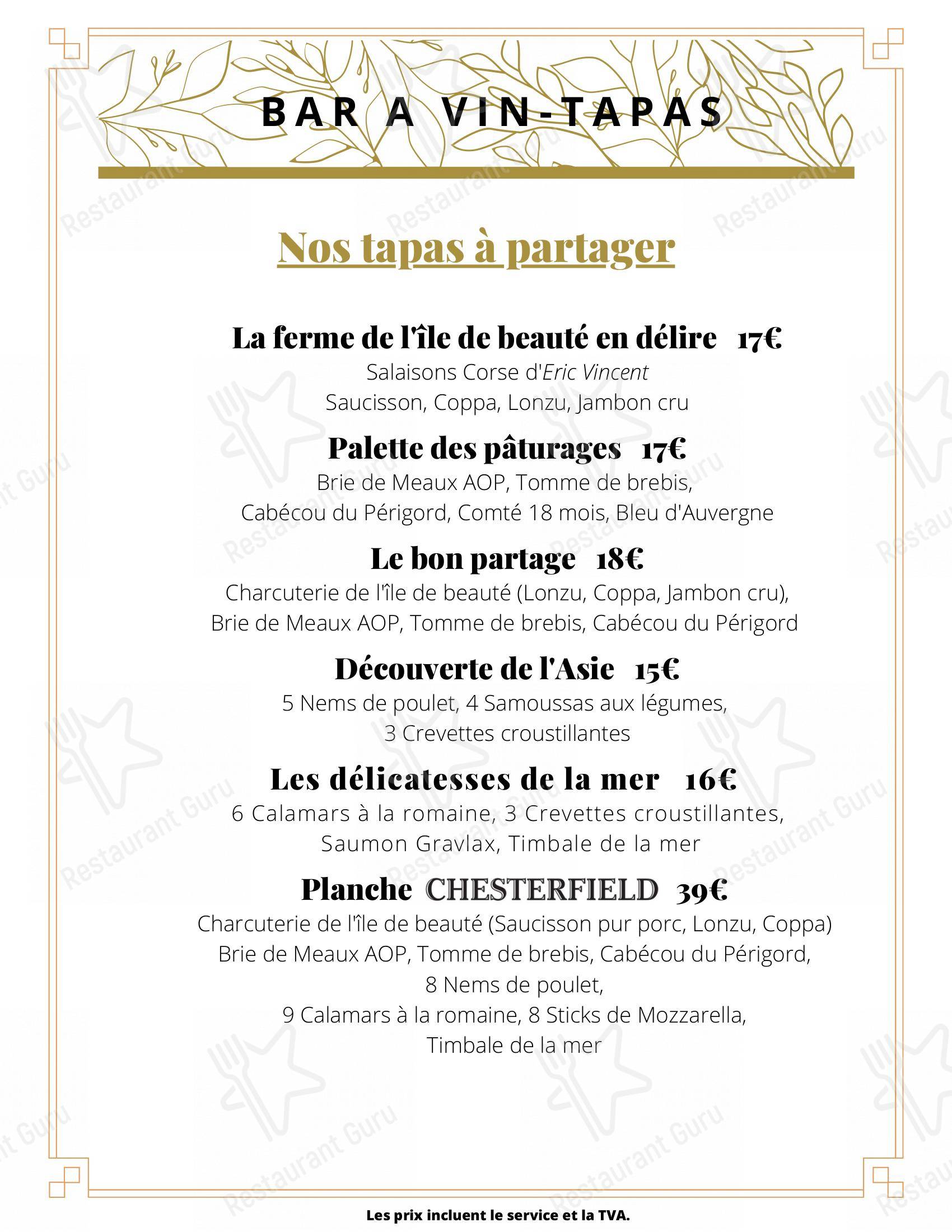 Menu au Chesterfield Restaurant bar à Vin et Tapas, Mouans-Sartoux