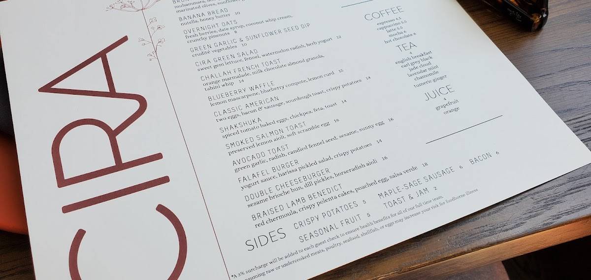 Menu at Cira restaurant, Chicago