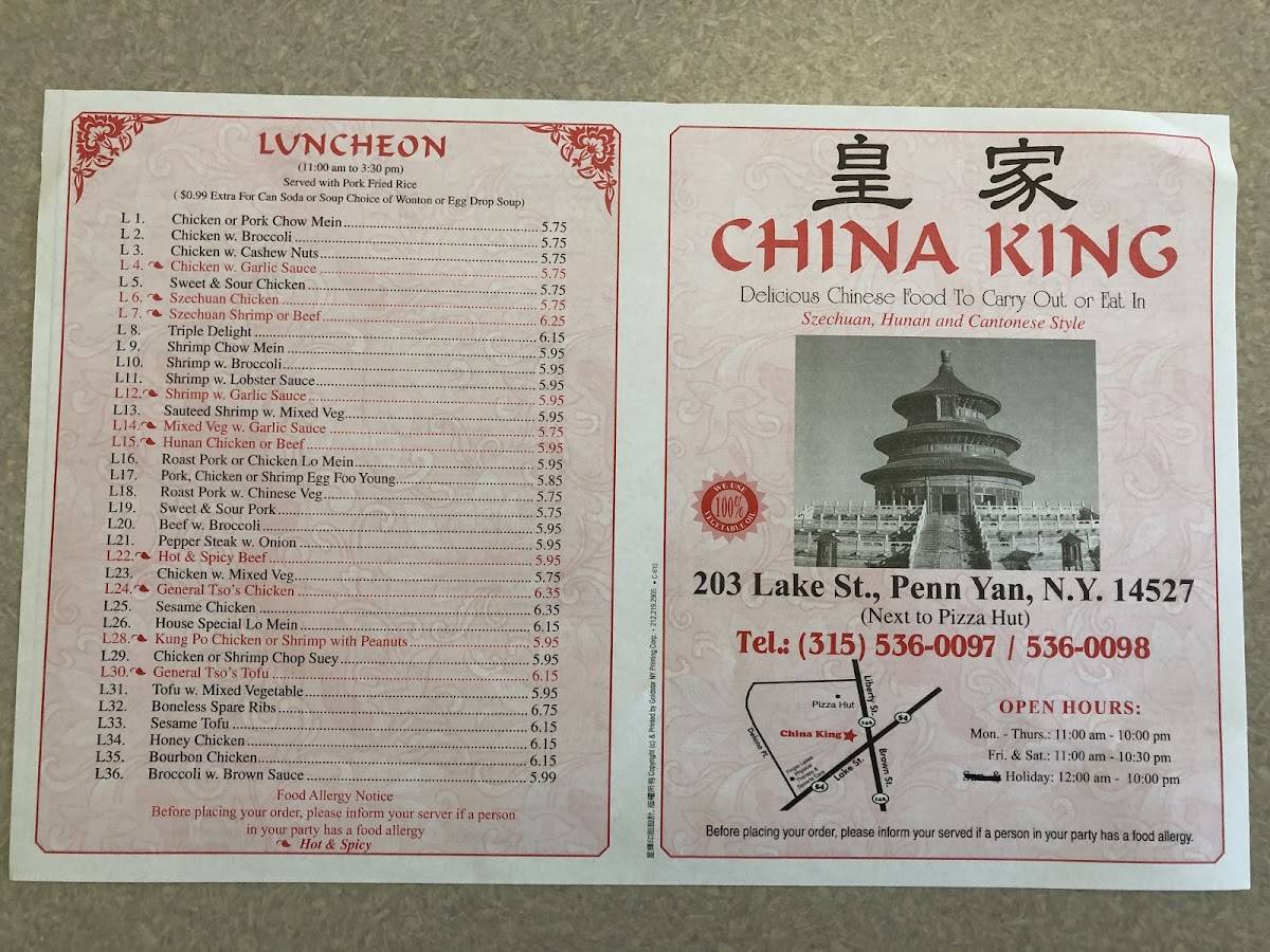 Menu at China King restaurant, Penn Yan