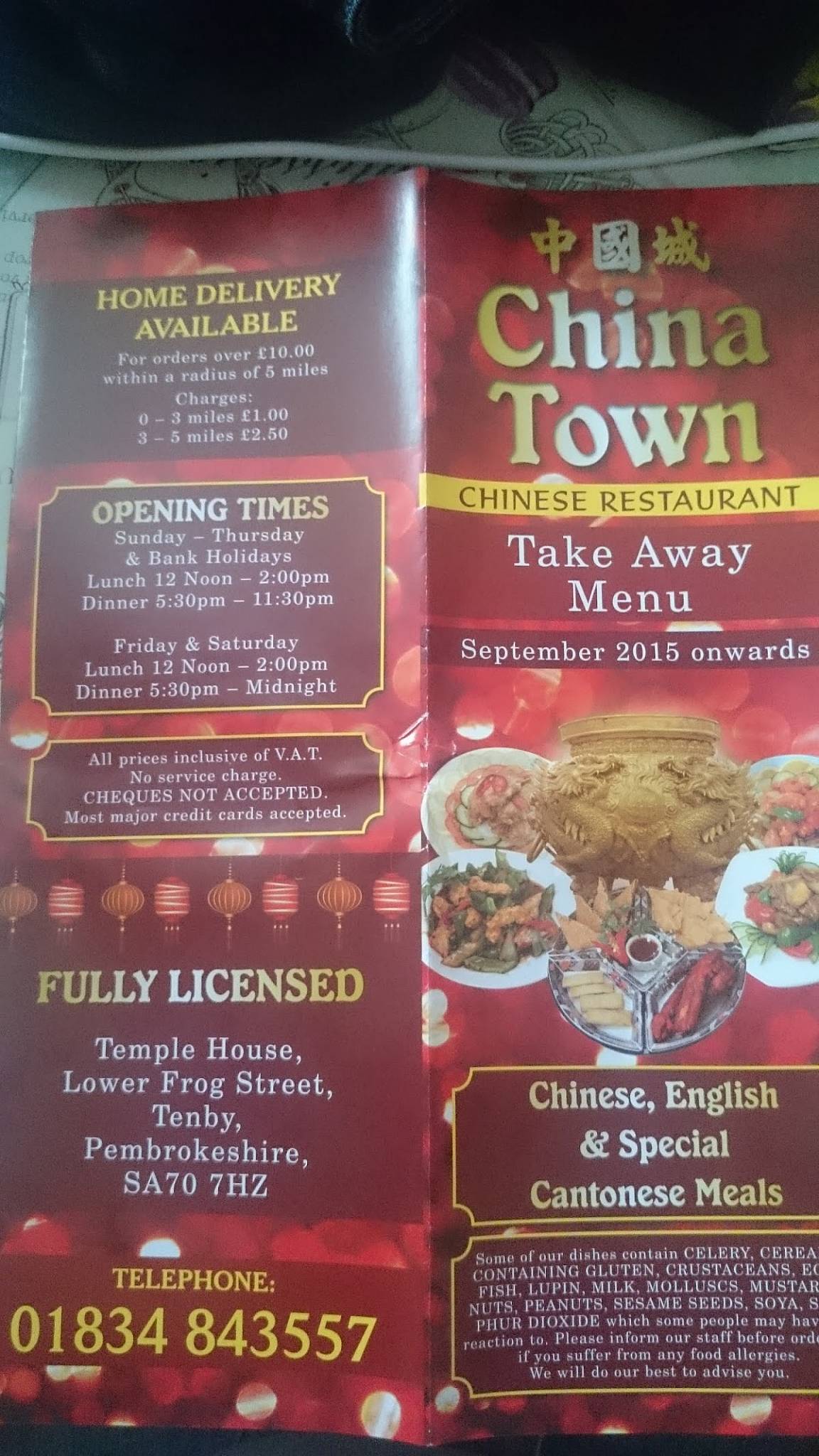 Menu at China Town restaurant, Tenby