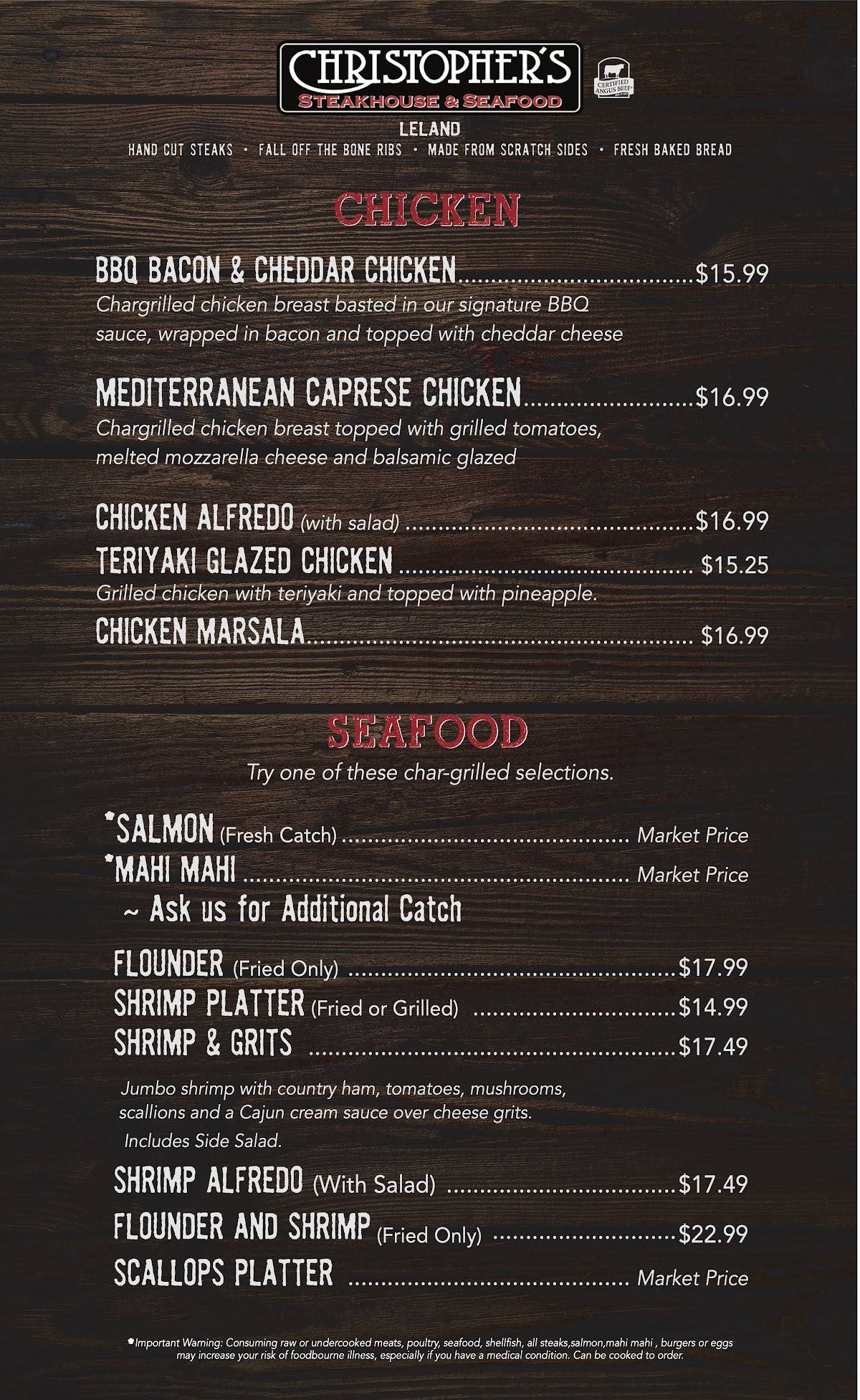 Menu at Christopher's Steakhouse and Seafood, Leland