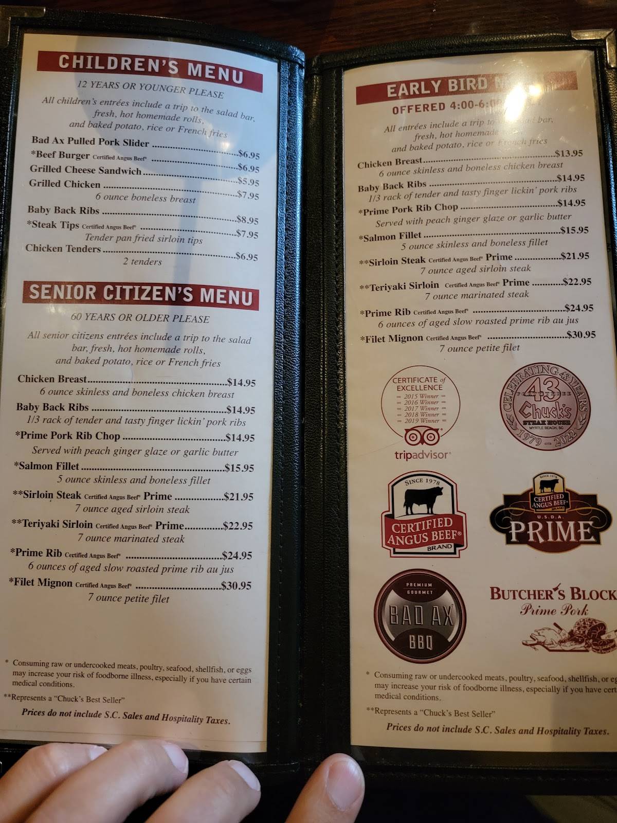 Menu at Chuck's Steak House, Myrtle Beach steakhouse, Myrtle Beach