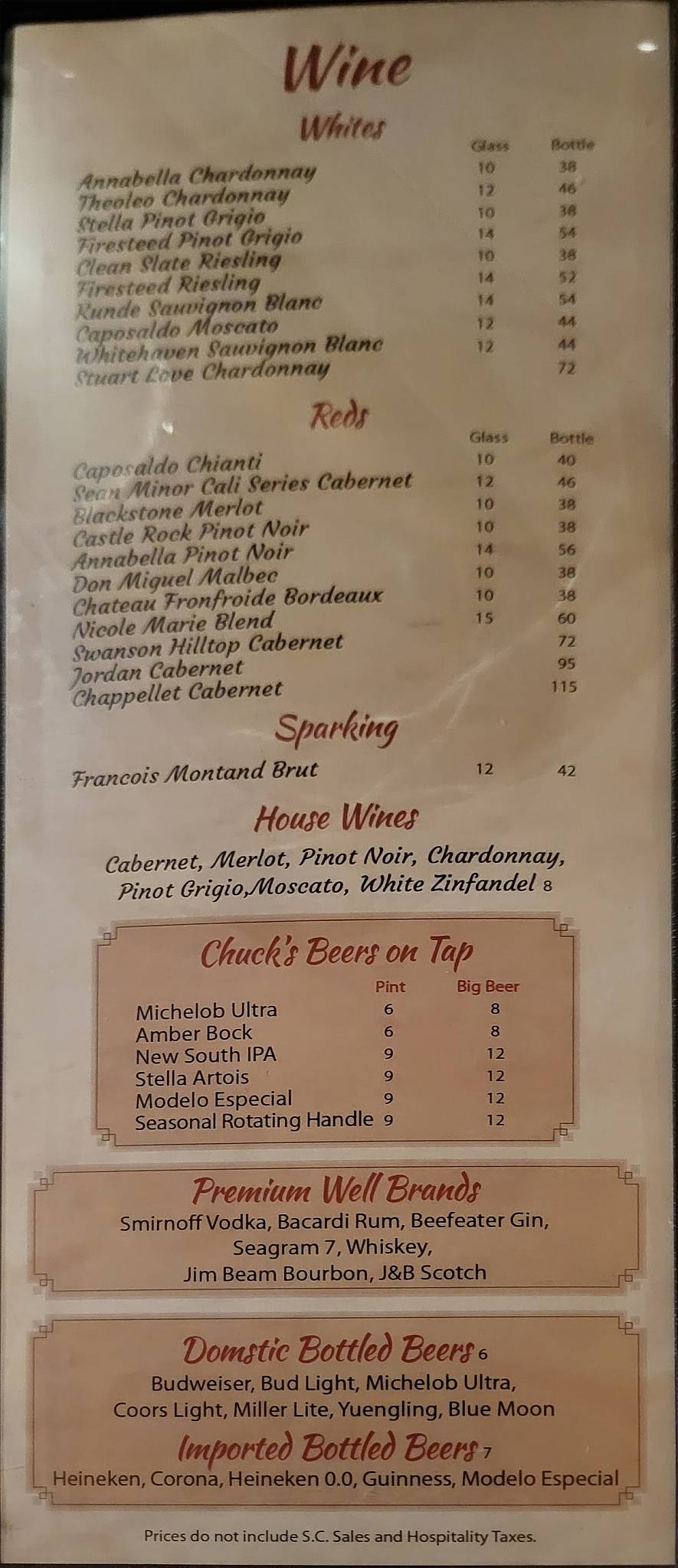 Menu at Chuck's Steak House, Myrtle Beach steakhouse, Myrtle Beach