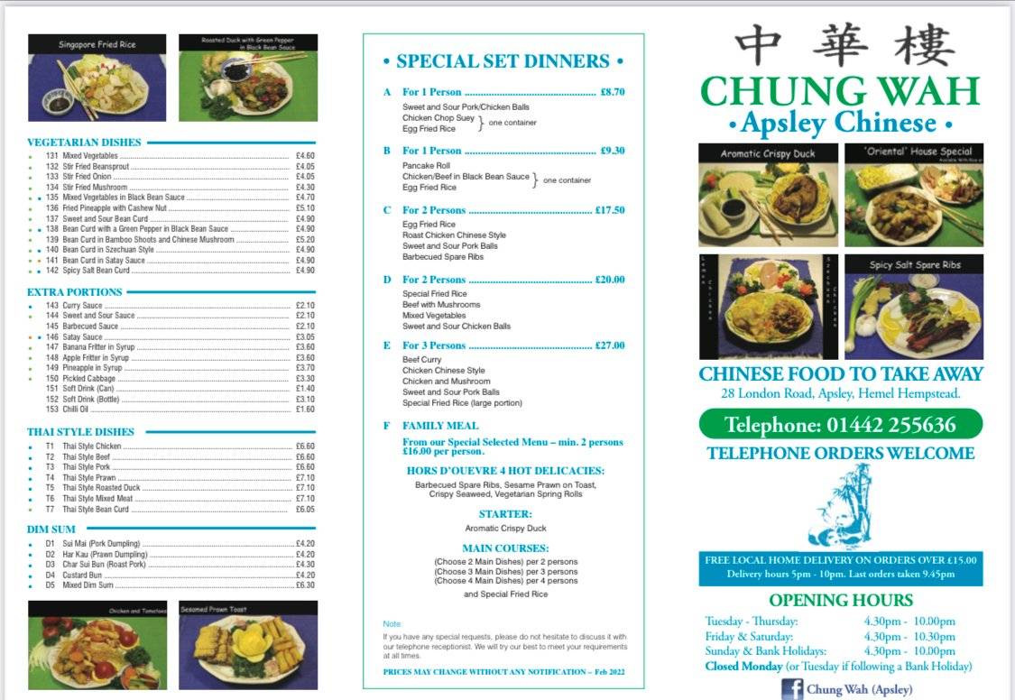 Menu at Chung Wah fast food, Hemel Hempstead