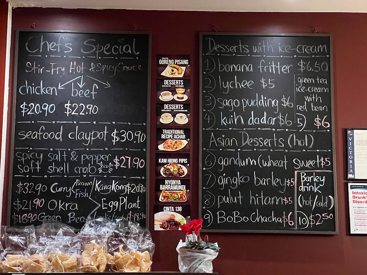 Menu at Cinta Raya Restaurant, Scoresby
