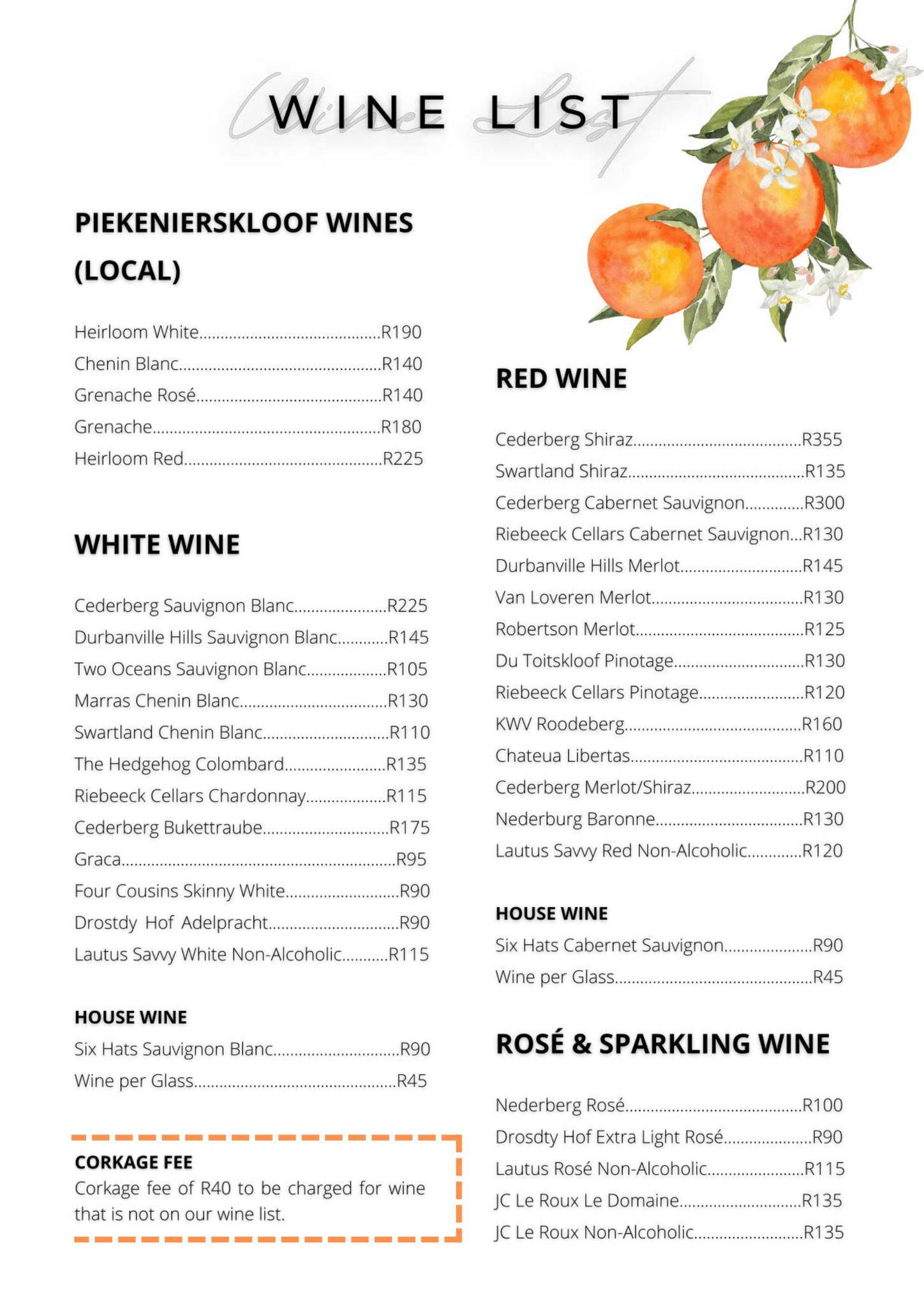 Menu at Citrusdal Country Lodge restaurant, Citrusdal