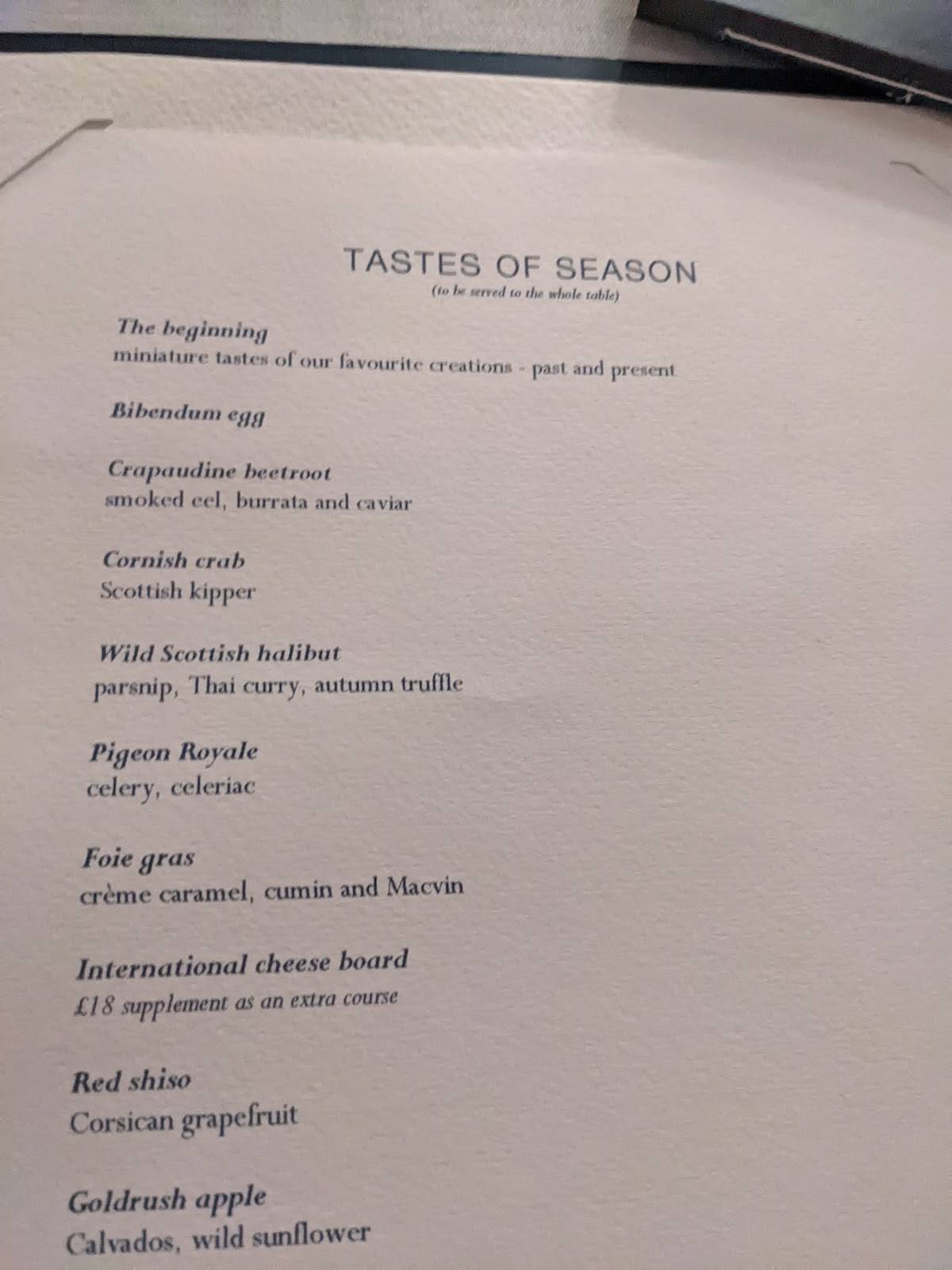 Menu at Claude Bosi at Bibendum pub & bar, London