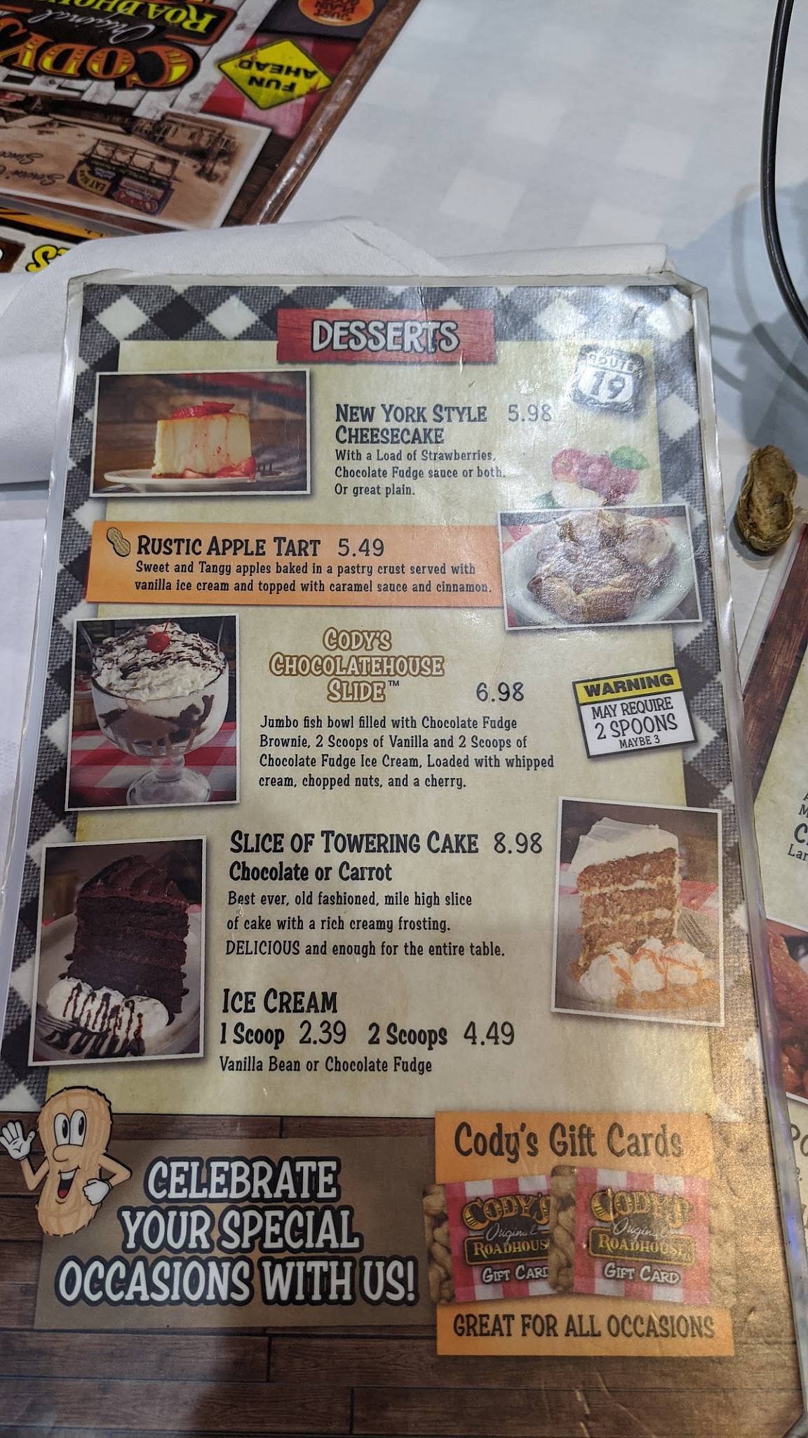 Menu at Cody's Original Roadhouse - Sebring pub & bar, Sebring