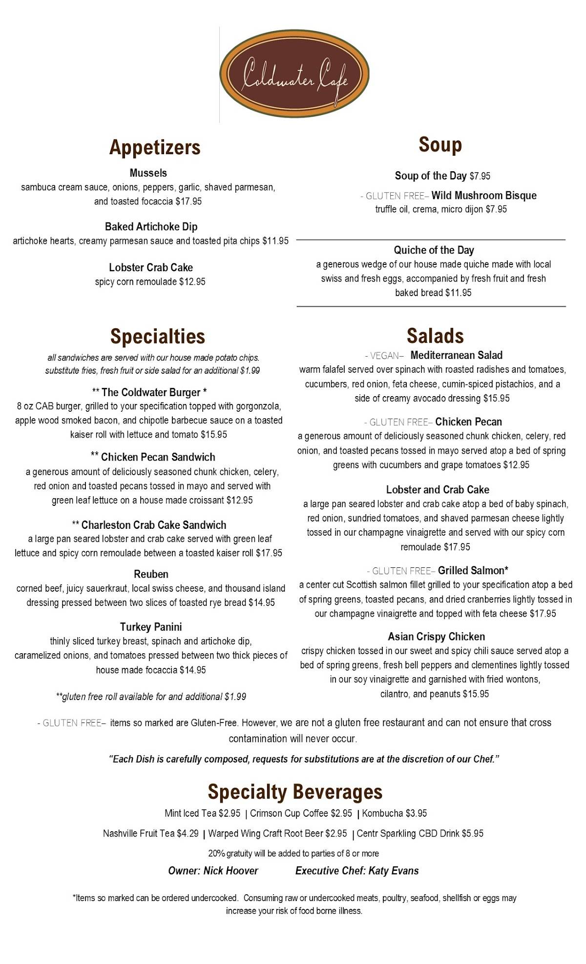 Menu at Coldwater Café restaurant, Tipp City