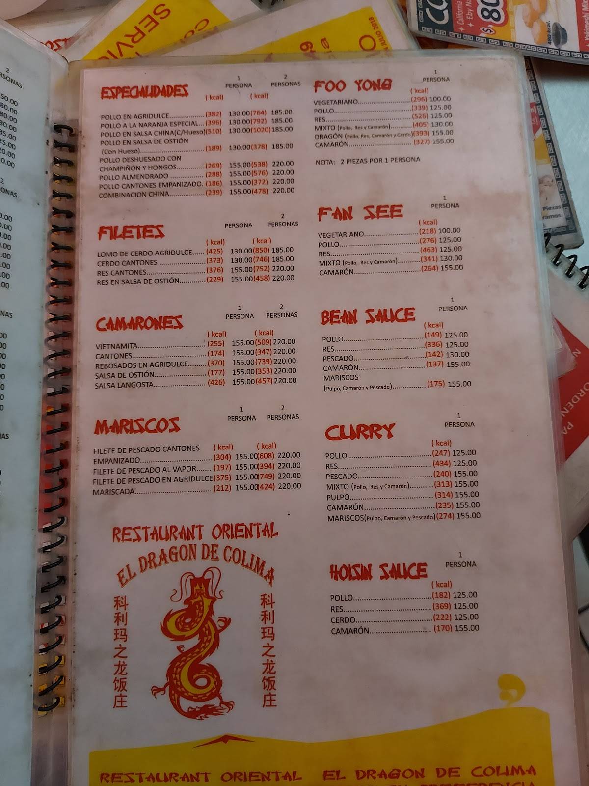 Carta del restaurante El Dragón del Colima, Colima