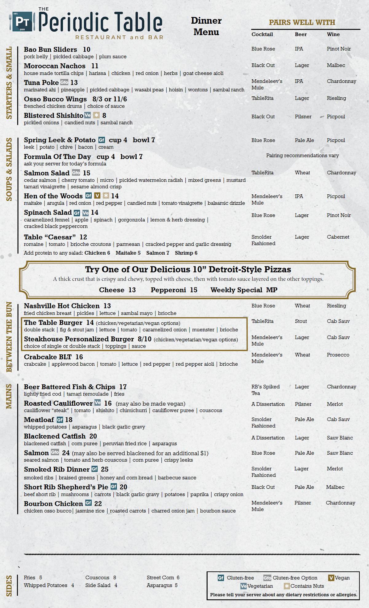 Menu at The Periodic Table pub & bar, Columbia