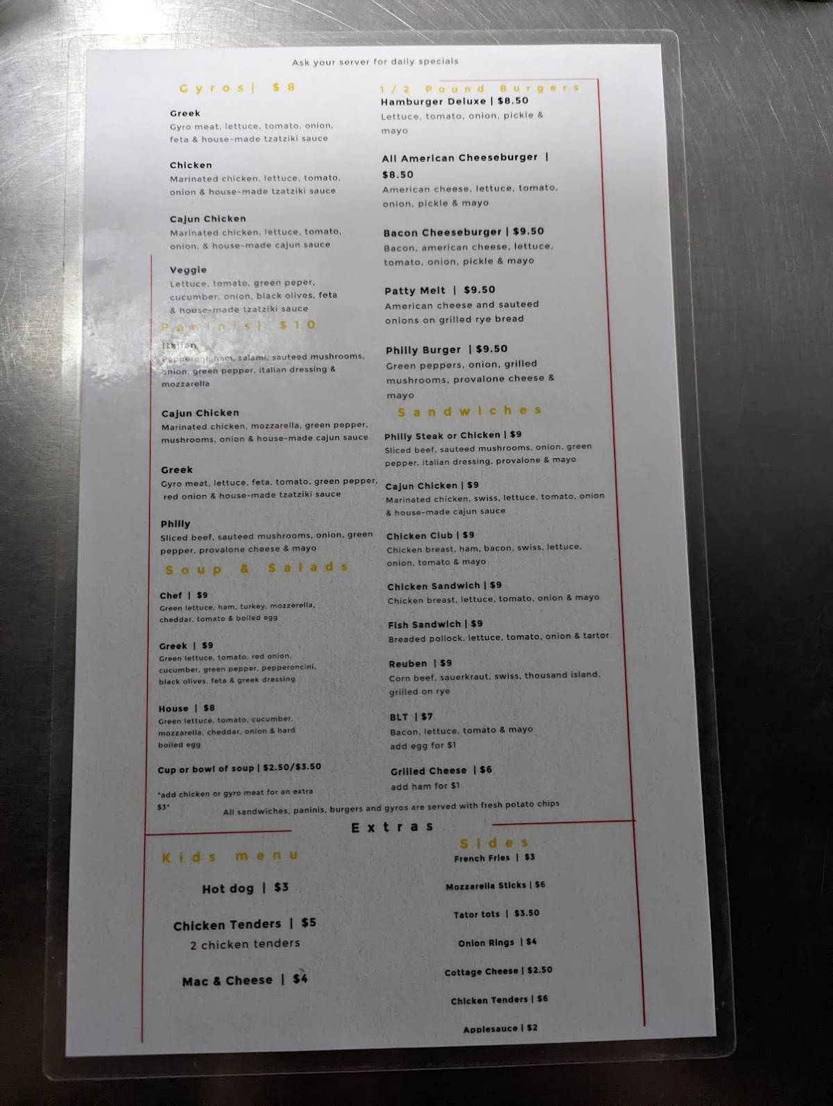Menu at Ari's Diner restaurant, Columbus
