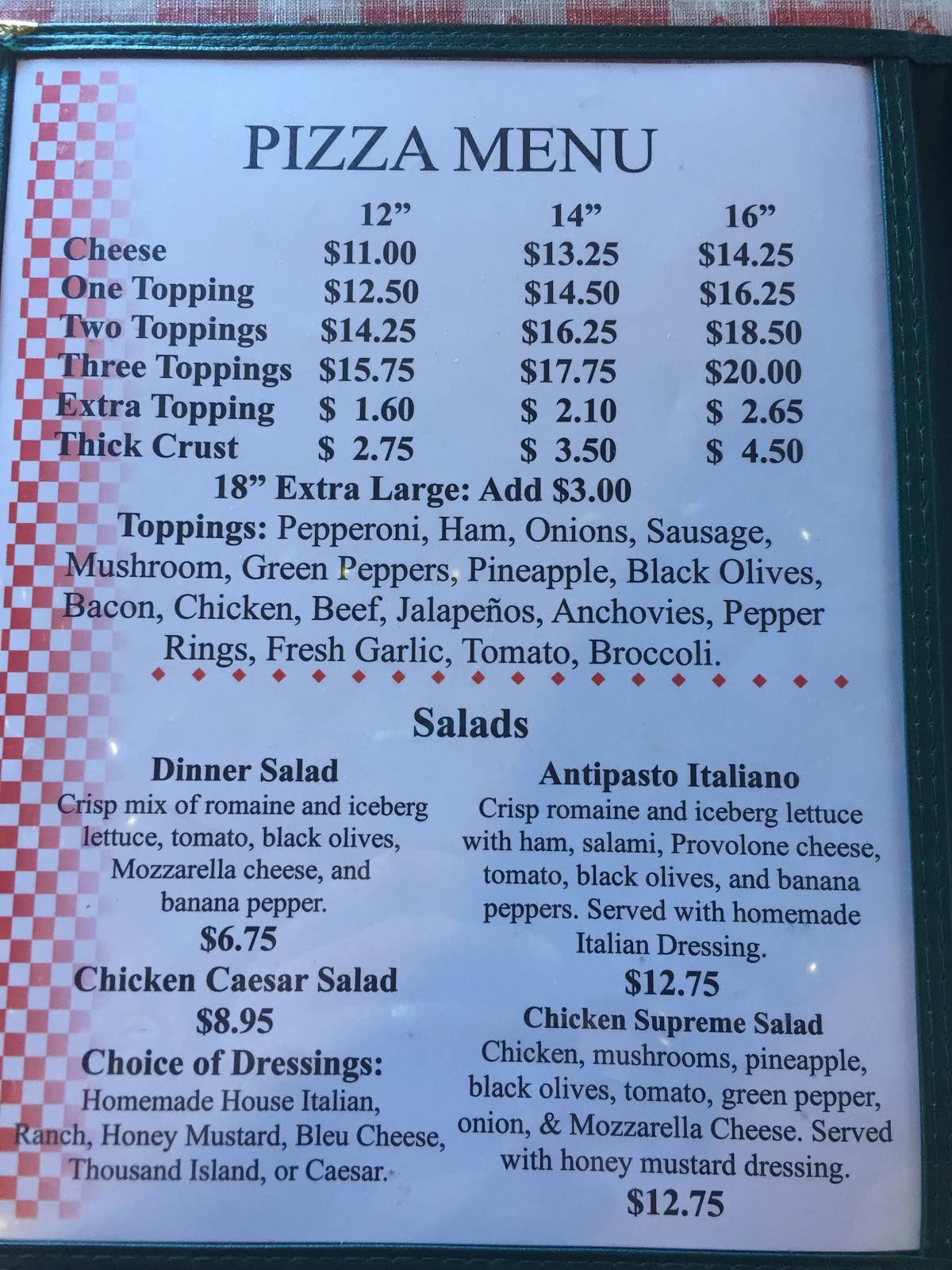 Menu at Tony's Italian Eatery pizzeria, Colville