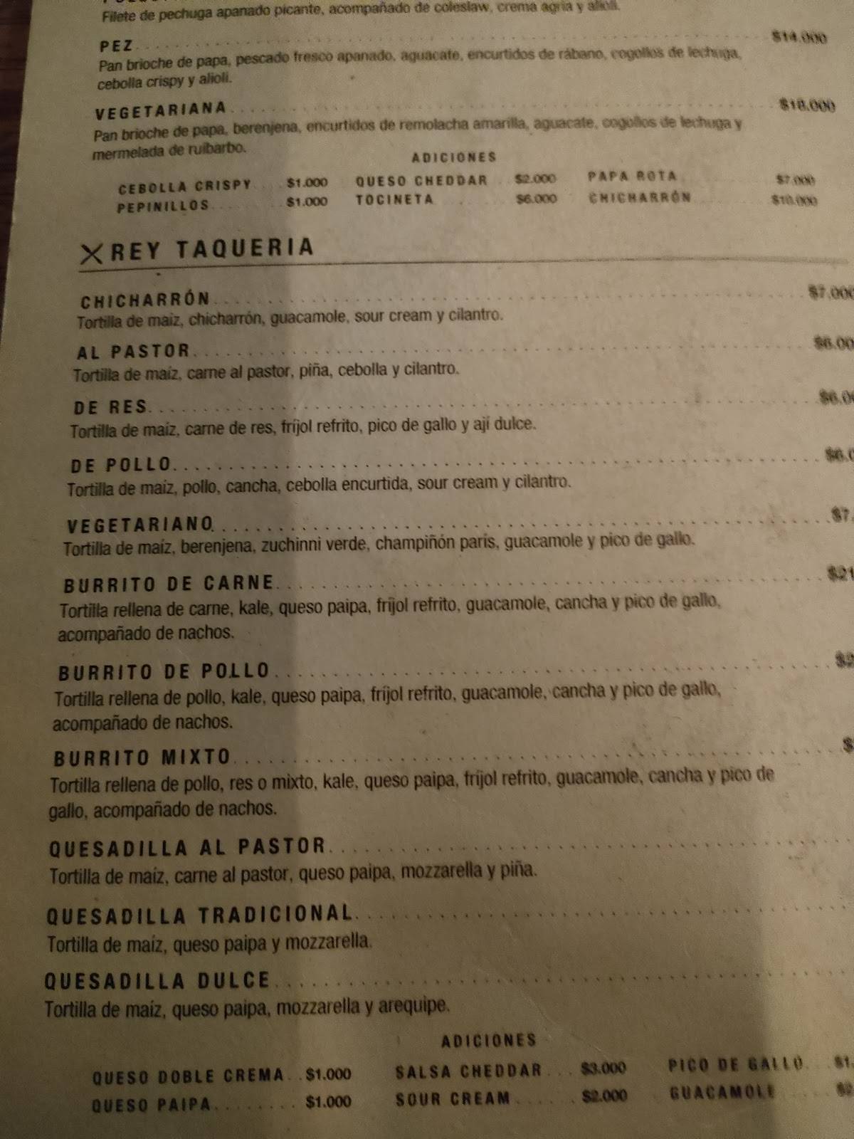Carta del restaurante Compañía Casa del Rey, Bogotá