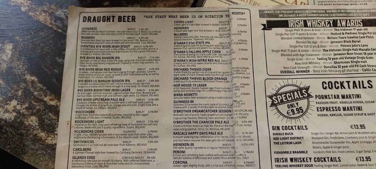Menu at Copper Alley Bistro restaurant, Dublin