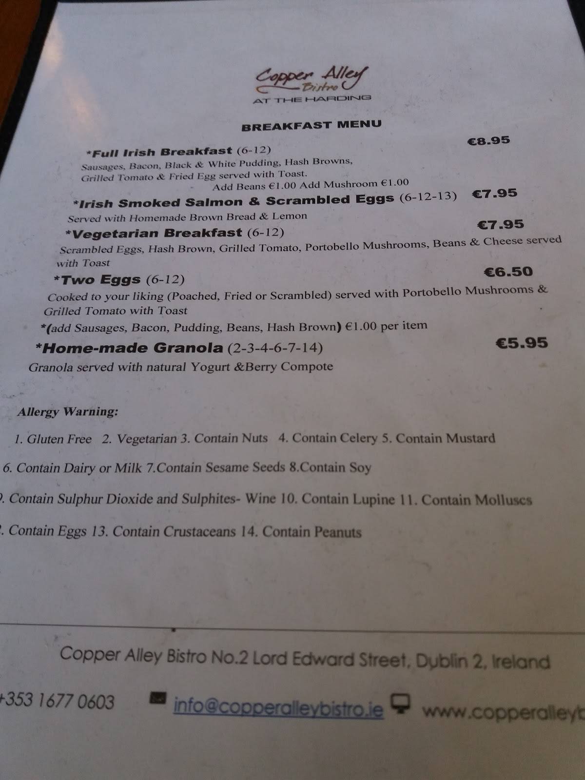 Menu at Copper Alley Bistro restaurant, Dublin