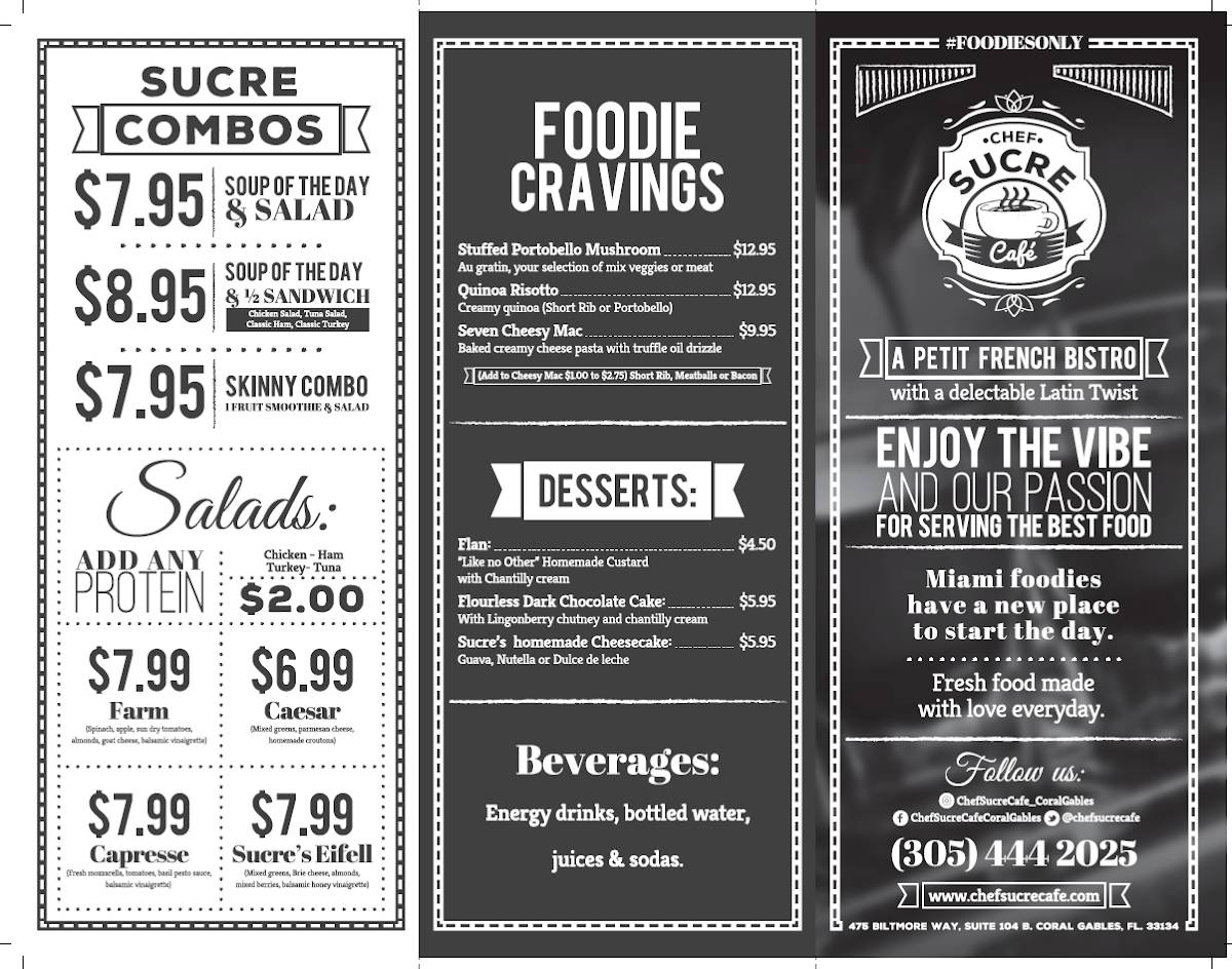 Menu at Chef Sucre Café cafe, Coral Gables