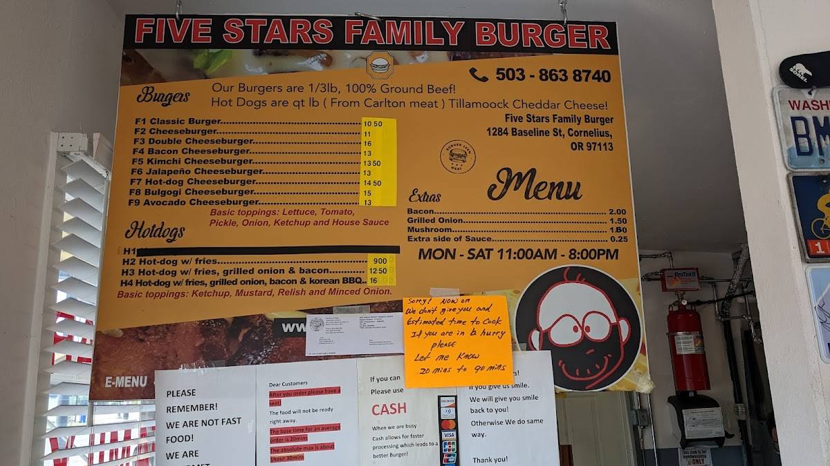 Menu at Five Stars Family Burger restaurant, Cornelius, E Baseline St
