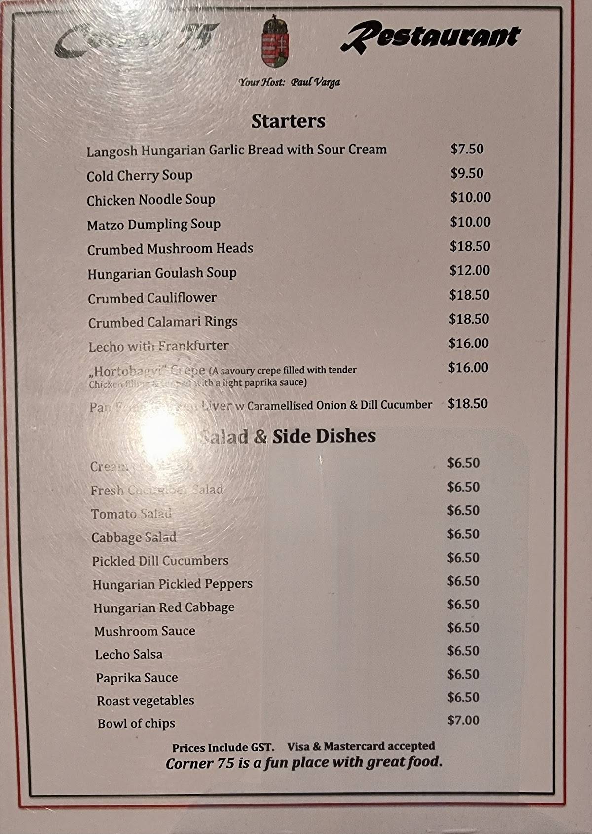 Menu at Corner 75 Hungarian Restaurant, Randwick