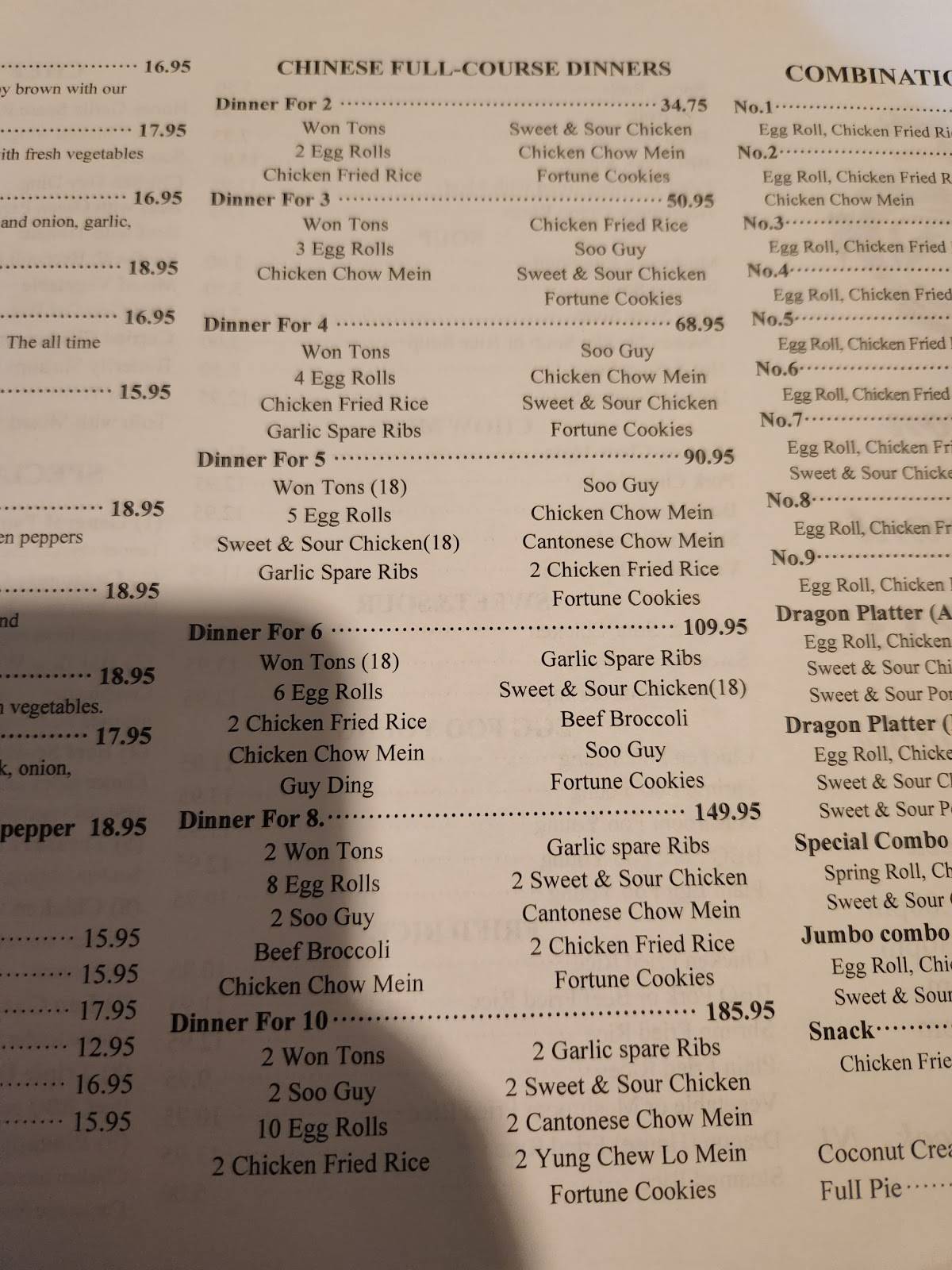 Menu at Dragon Restaurant, Corner Brook