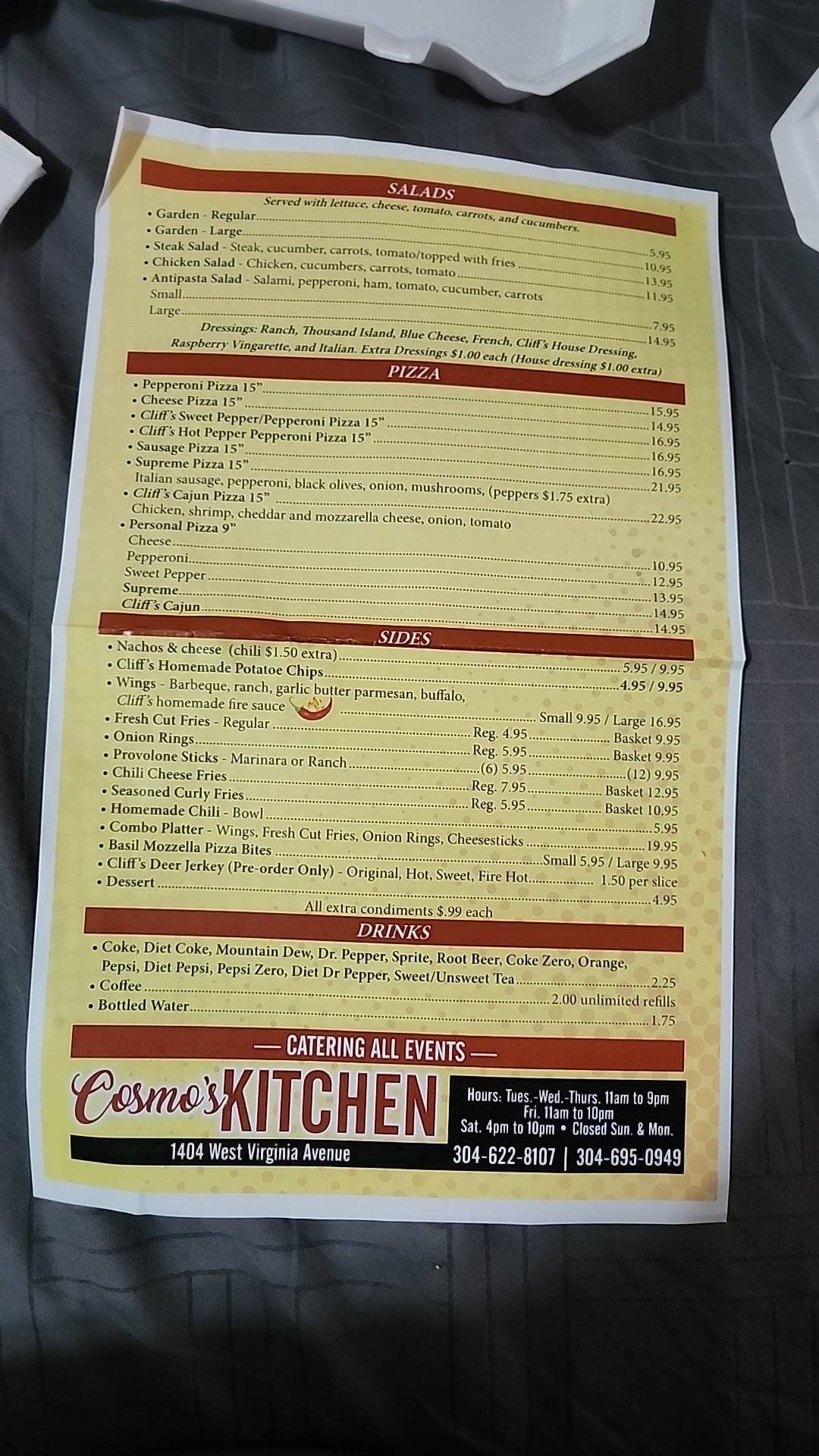 Menu at Cosmo’s Kitchen restaurant, Clarksburg
