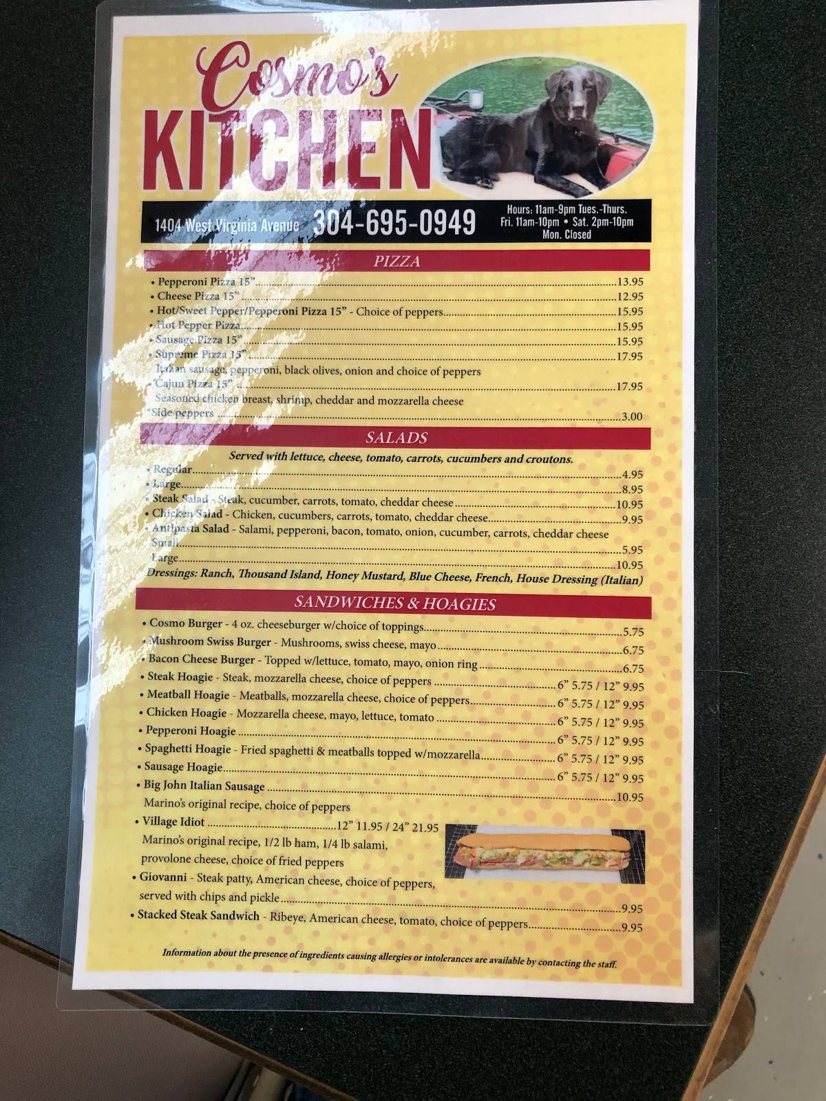 Menu at Cosmo’s Kitchen restaurant, Clarksburg