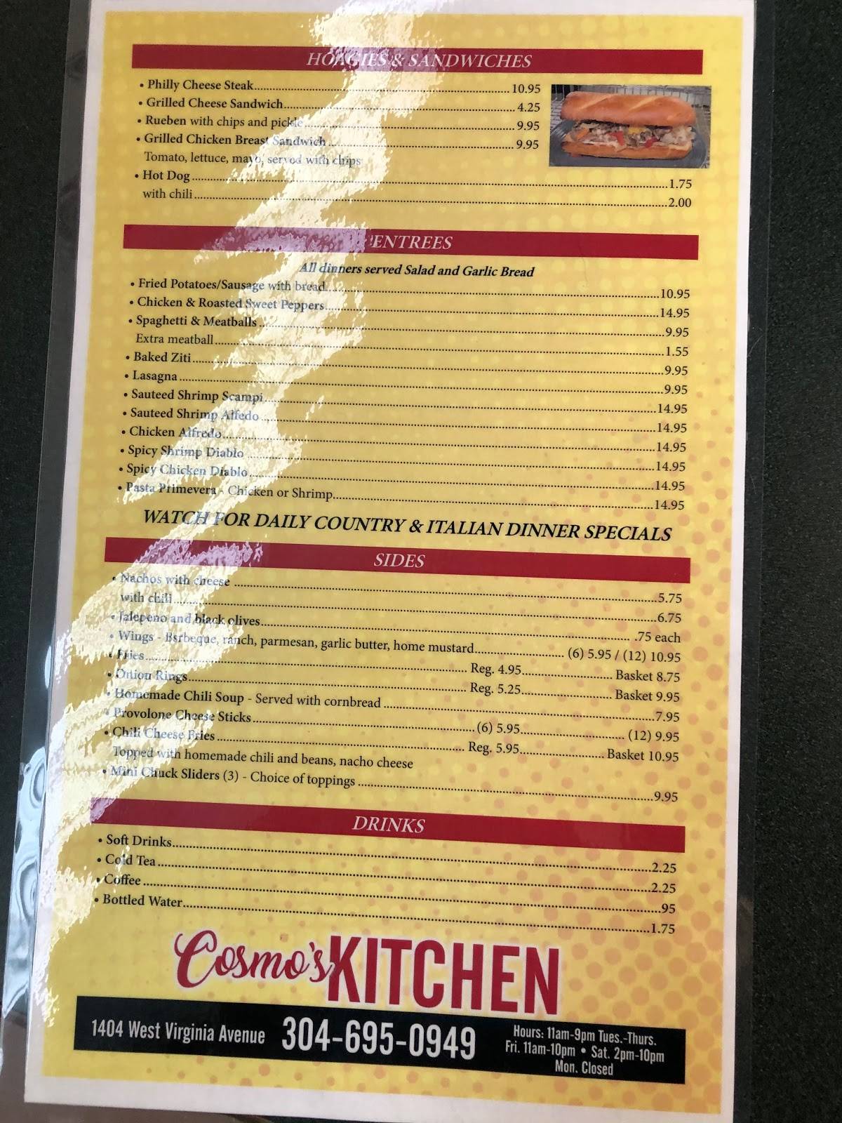 Menu at Cosmo’s Kitchen restaurant, Clarksburg