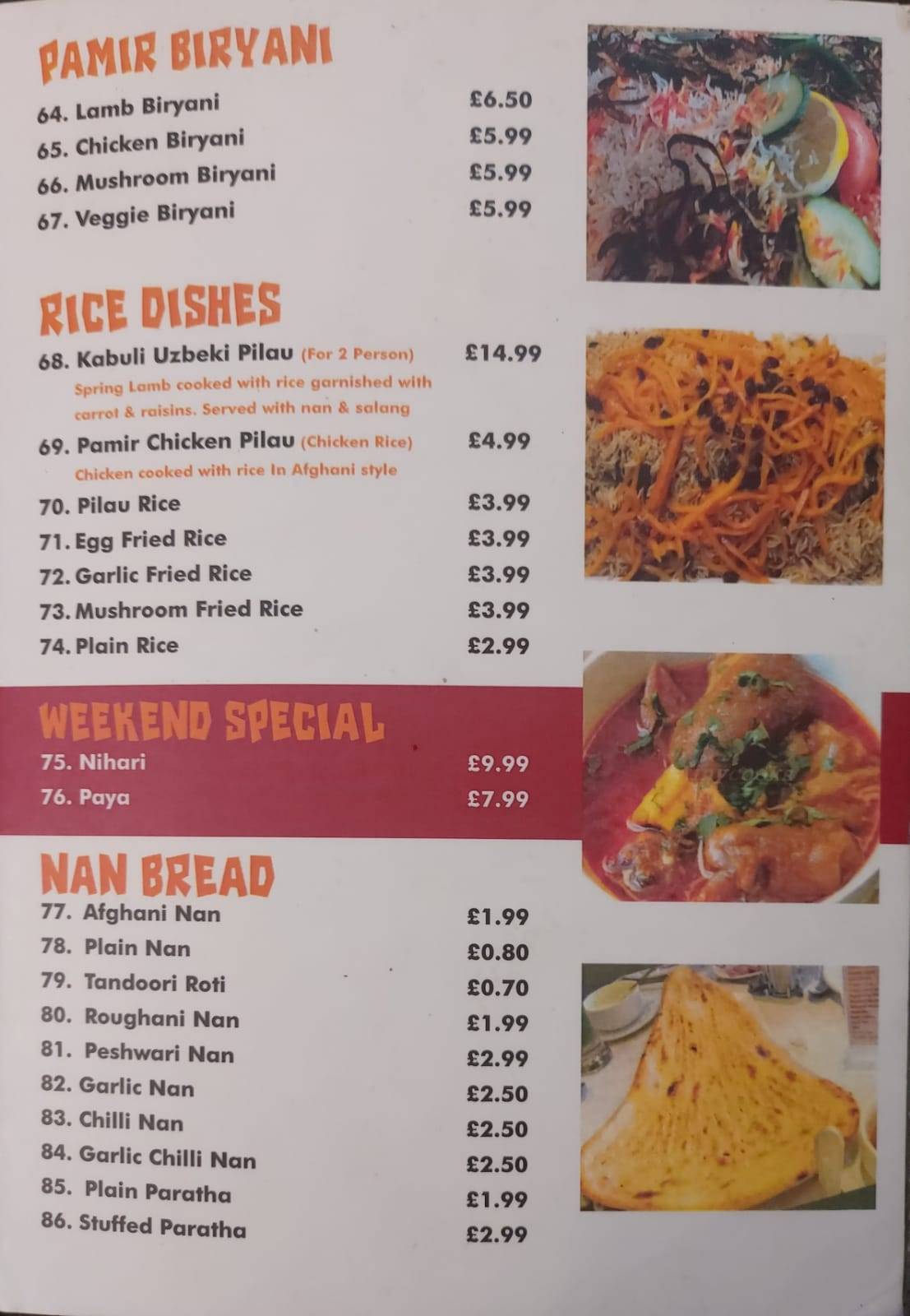 Menu at Pamir Restaurant, Coventry