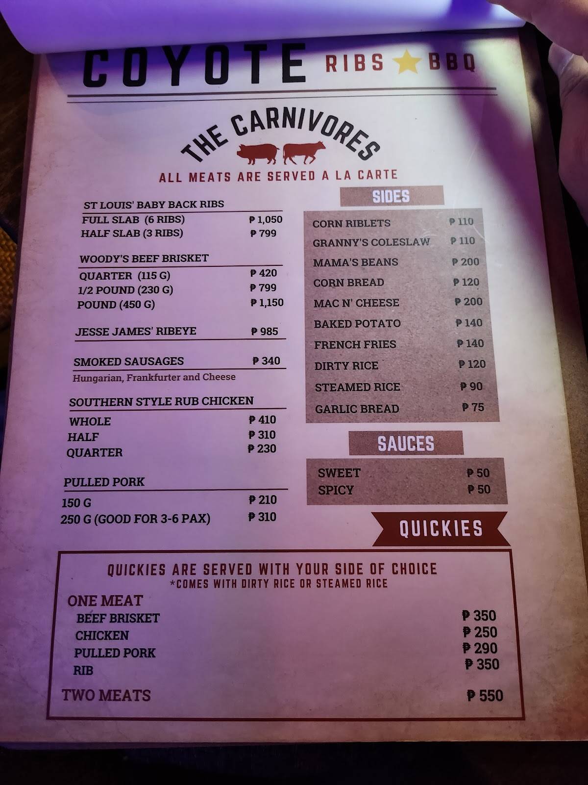 Menu at Coyote Ribs & Bbq, Makati