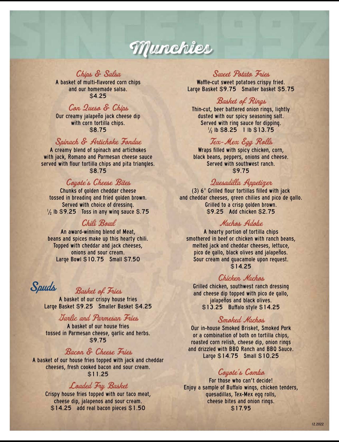 Menu at Coyote's Adobe Café restaurant, Springfield