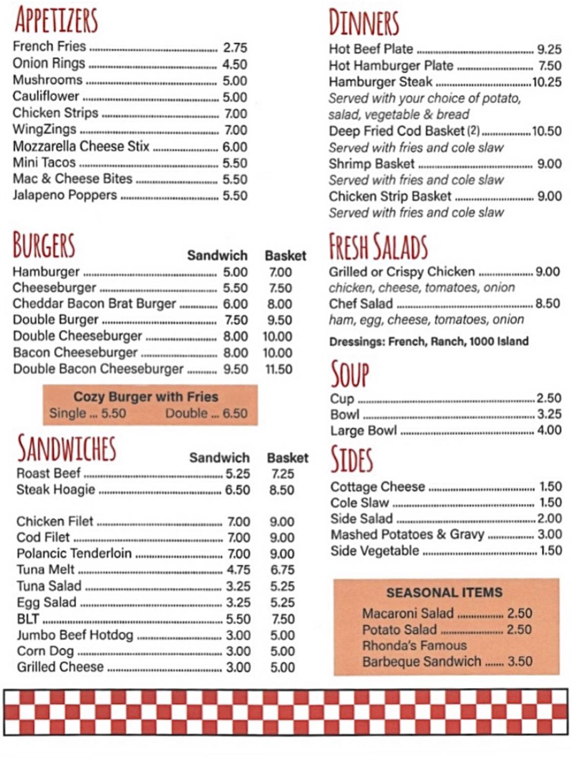 Menu at Cozy Corner Restaurant, Streator