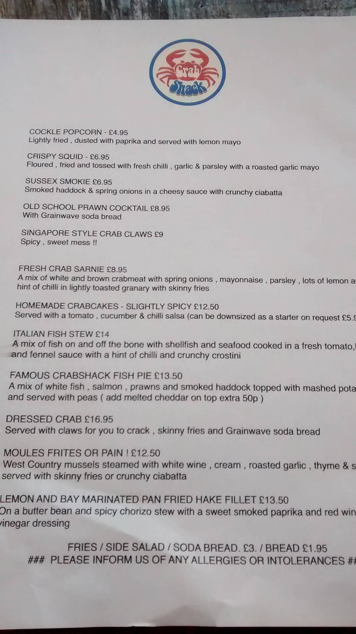 Menu at CrabShack restaurant, Worthing