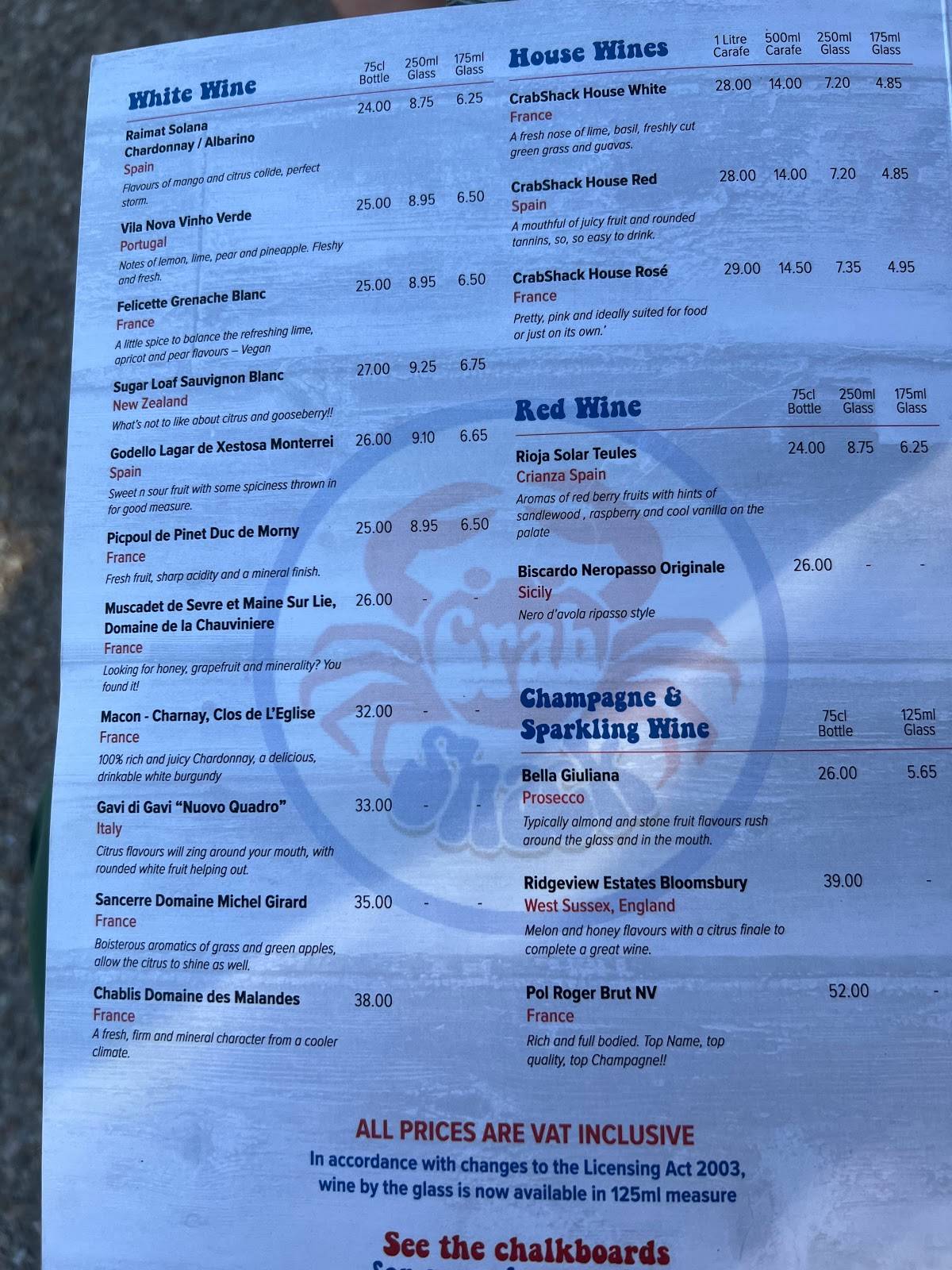 Menu at CrabShack restaurant, Worthing