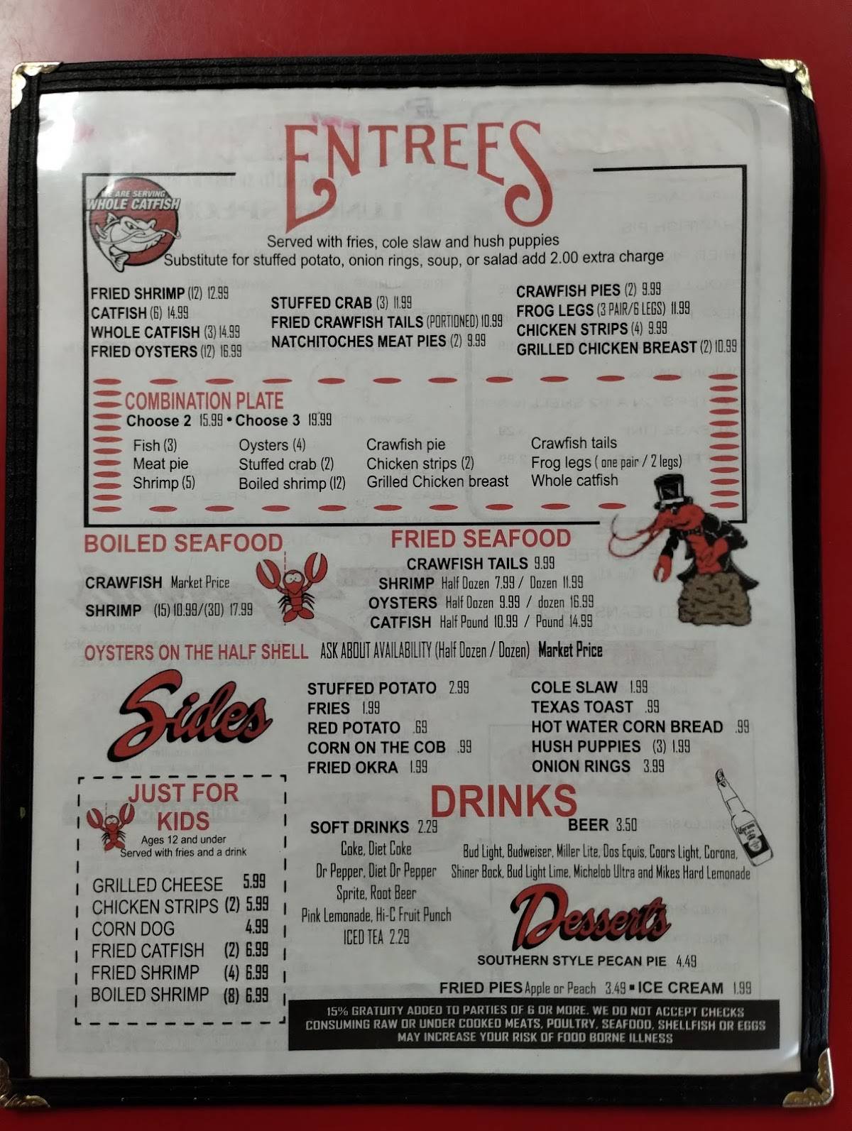 Menu at Crawfish Hole #2 Steak & Seafood Restaurant, Minden