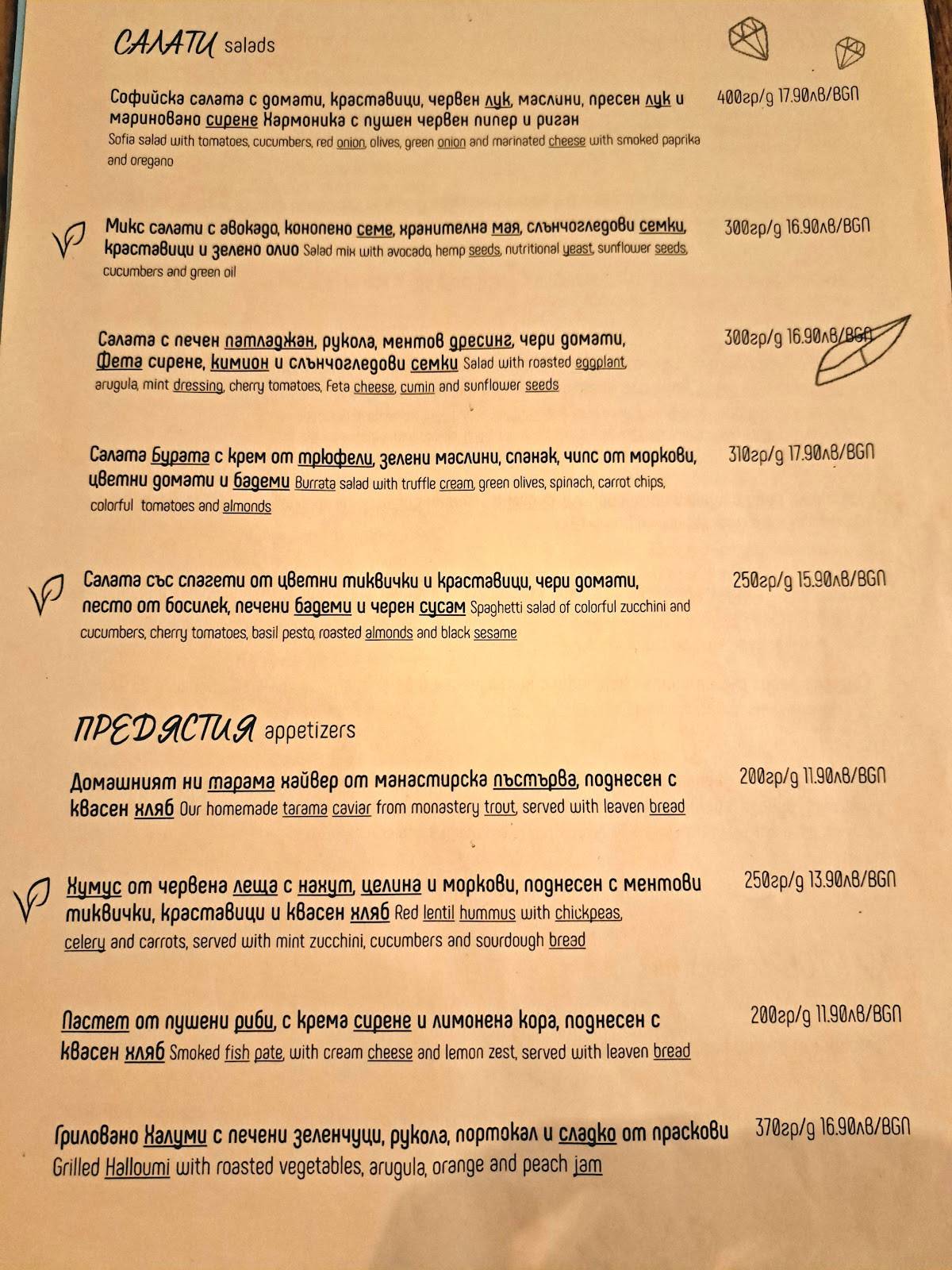Menu at Crazy Diamond restaurant, Sofia