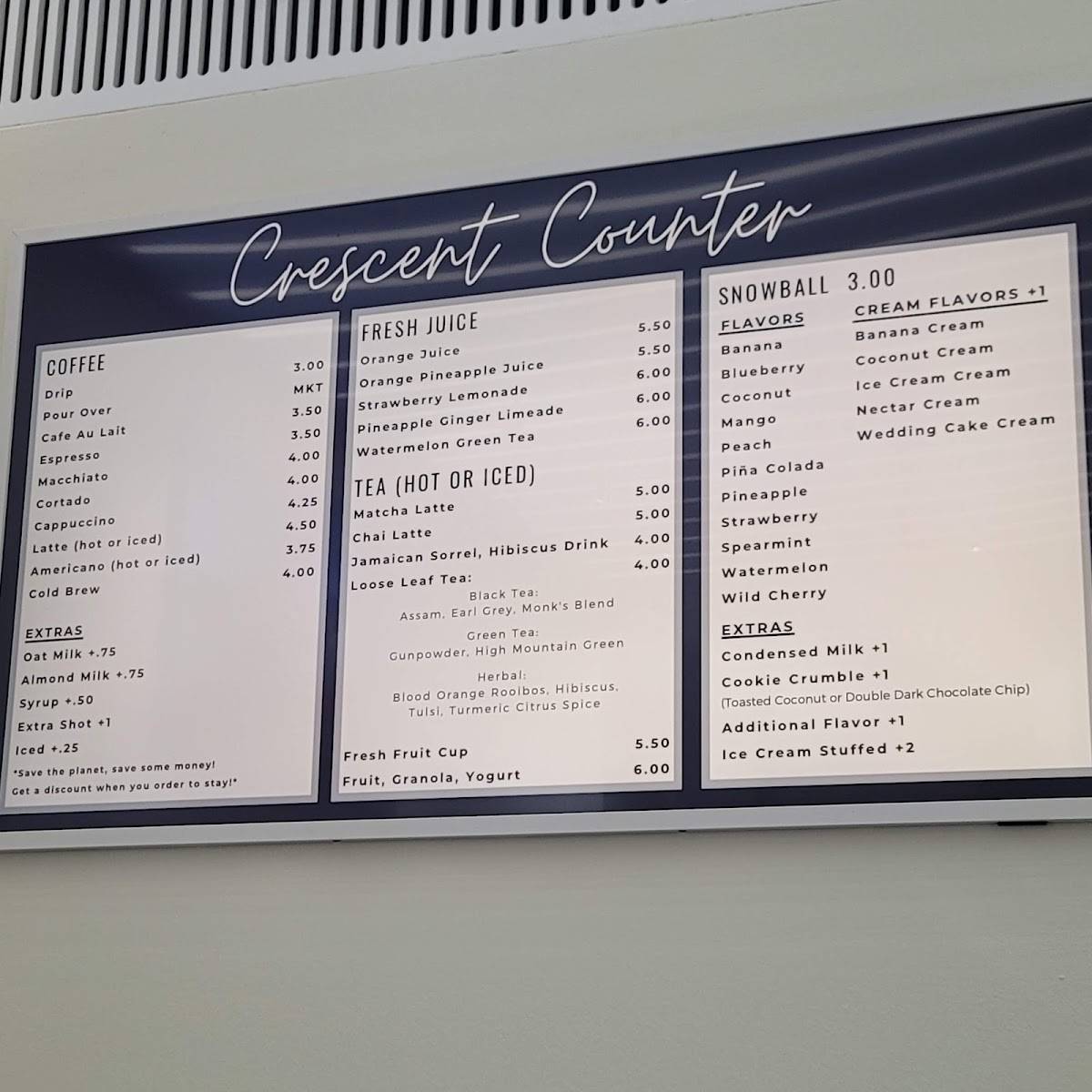 Menu at Crescent Counter cafe, New Orleans