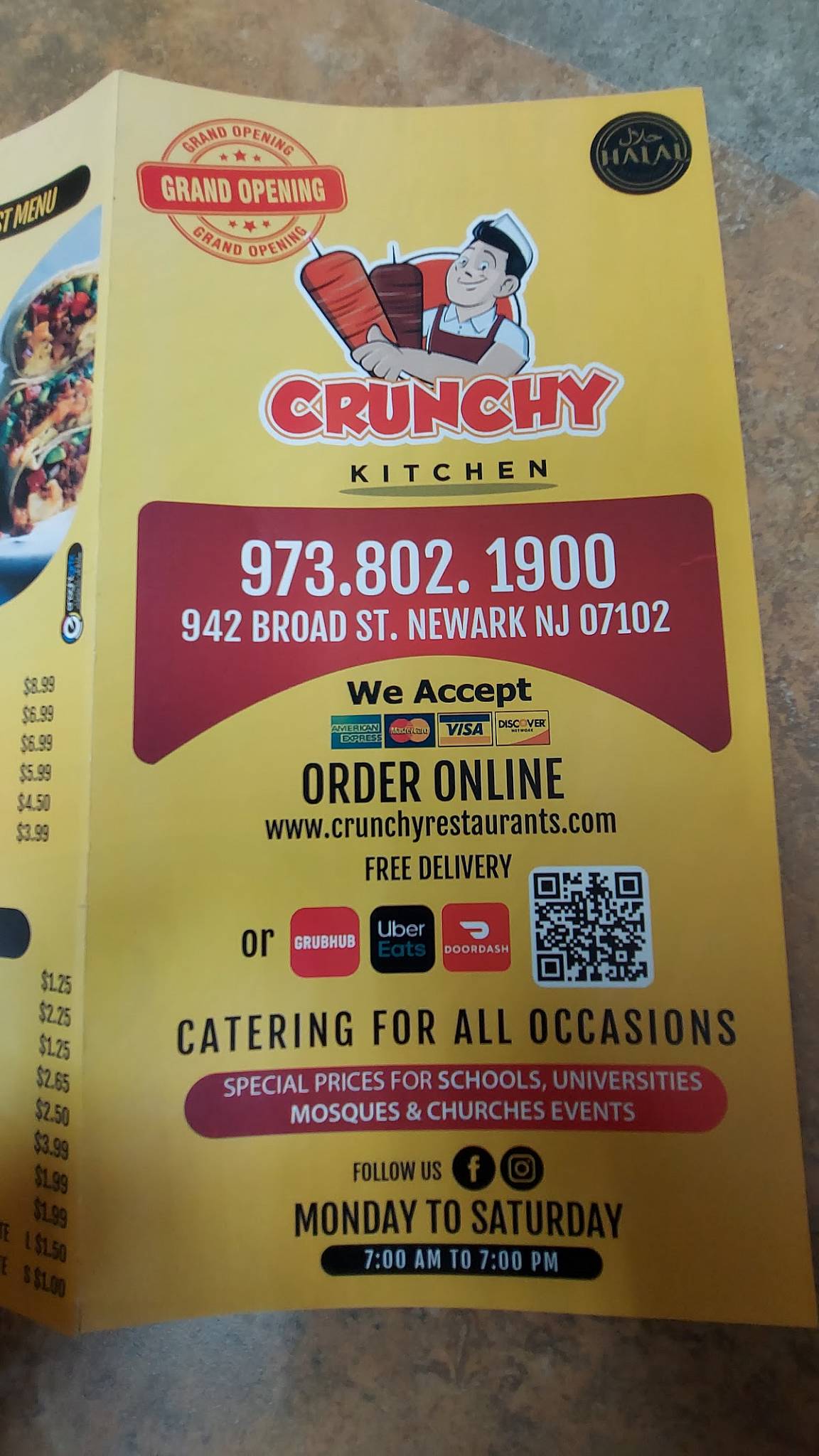 Menu at Crunchy Kitchen restaurant, Newark, 942 Broad St